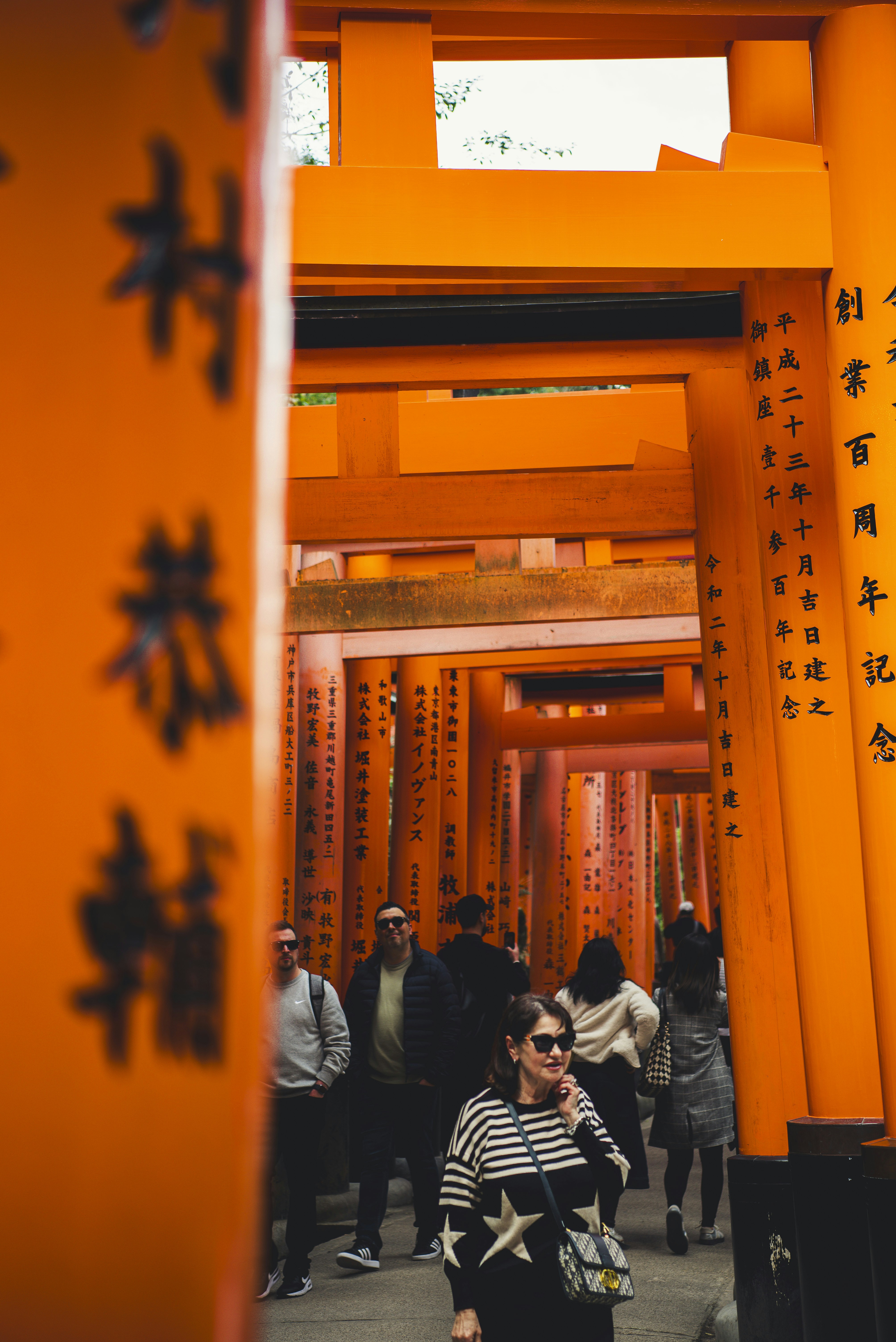 Crimson Gates of the Torii: Wanderers Amid Rows of Painted Columns