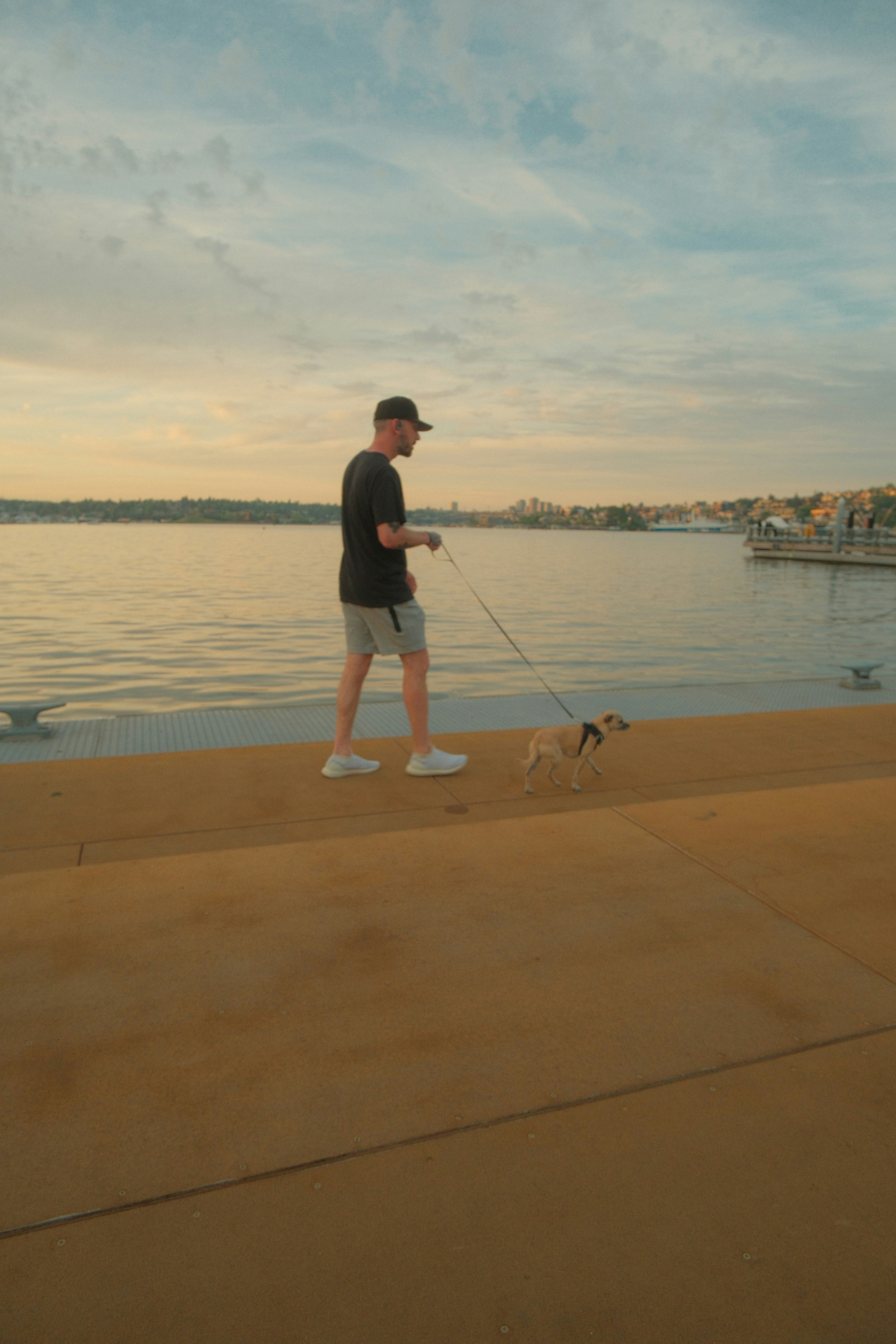 Stroll by the Pier: A Man and His Dog in Warm Evening Light