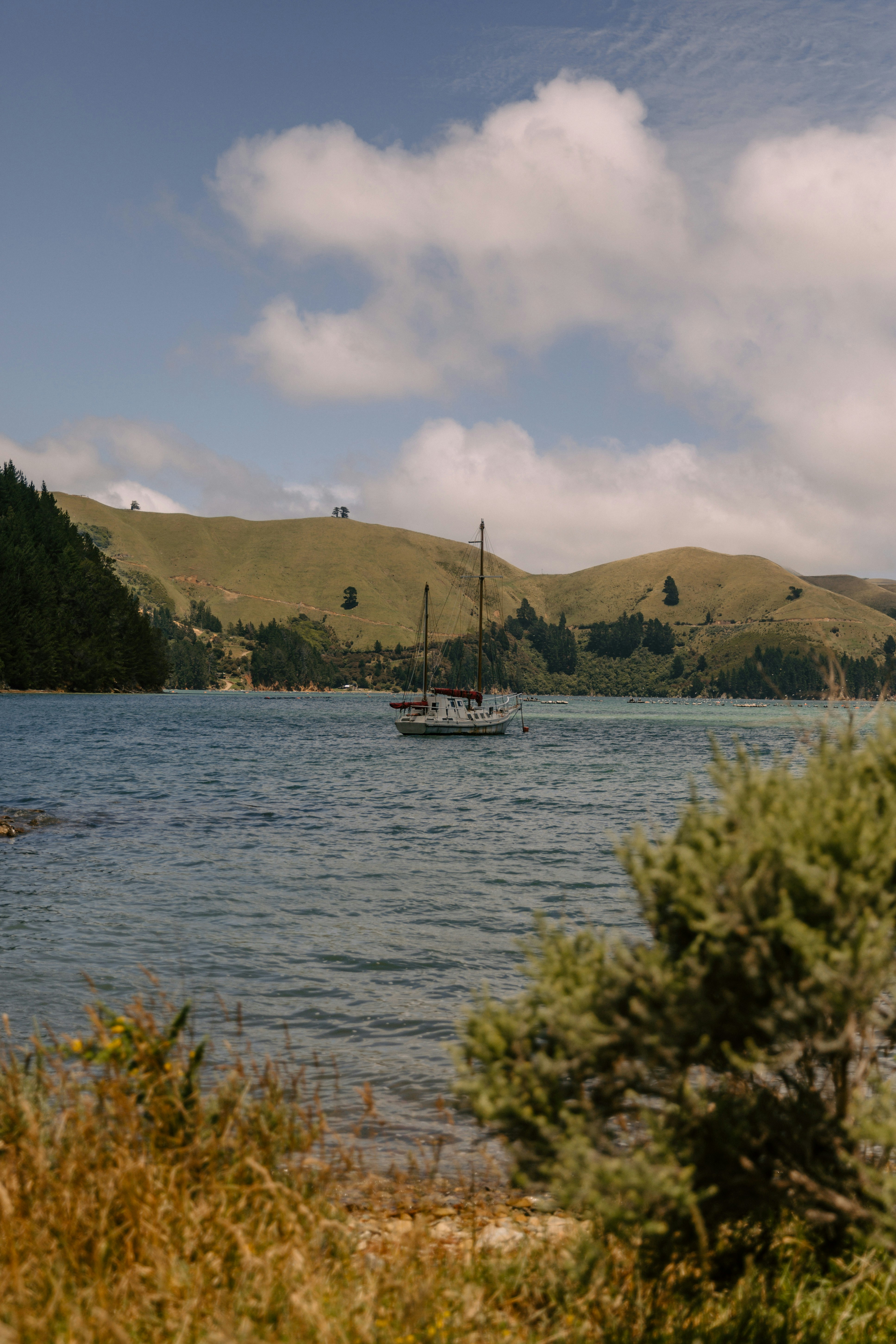 Sailboat on a Quiet Bay under Rolling Hills