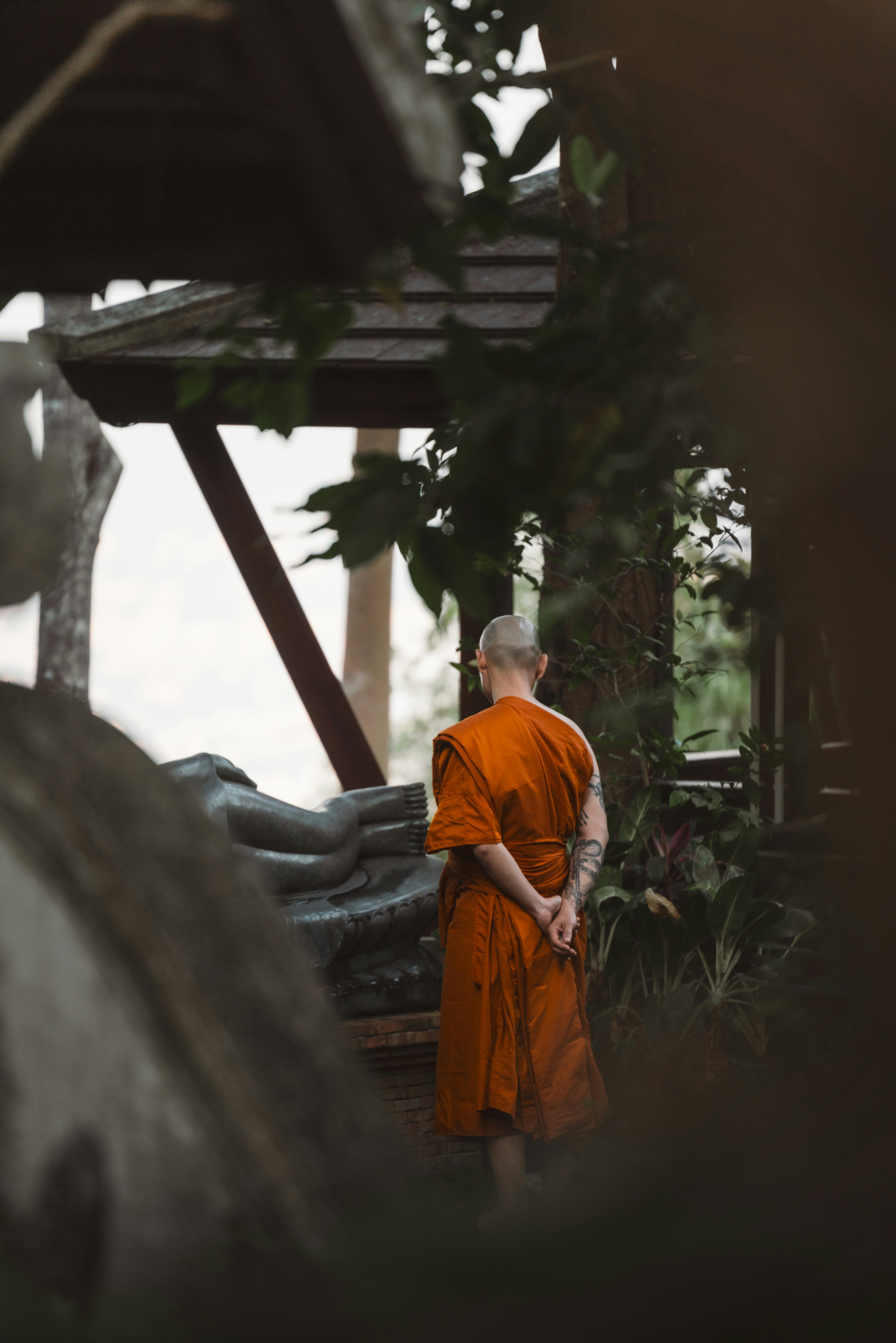 Monk in Quiet Enclosure: Orange Robe Amid Rustic Backdrop