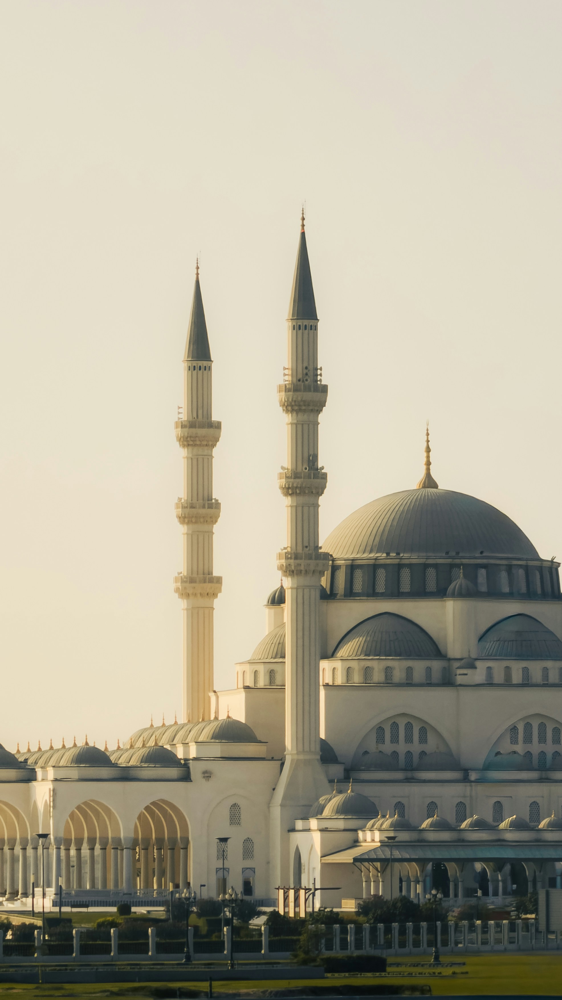 Domes and Spires at Dusk: Mosque Silhouettes Bathed in Golden Light
