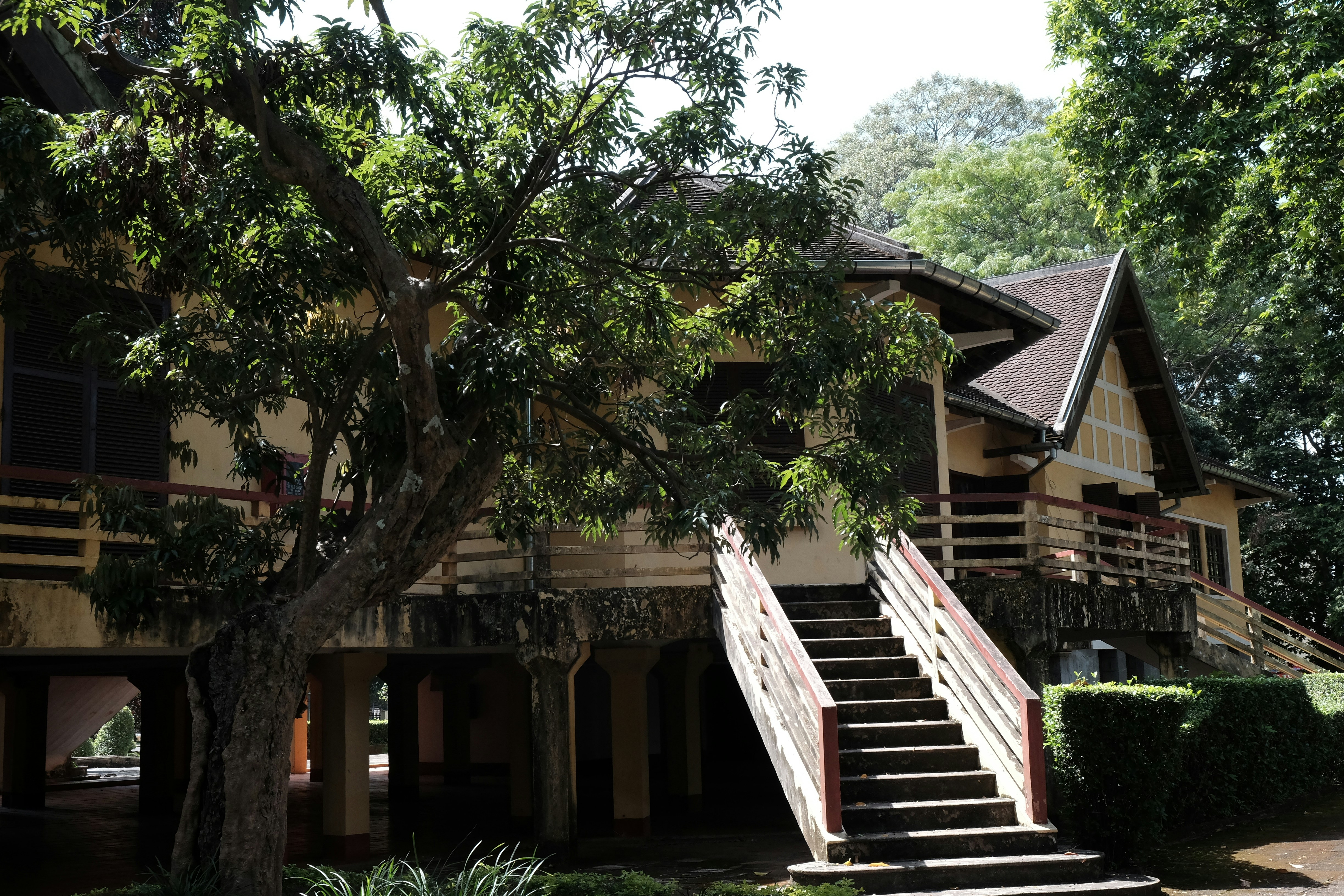Staircase to a sunlit balcony in a shaded lodge