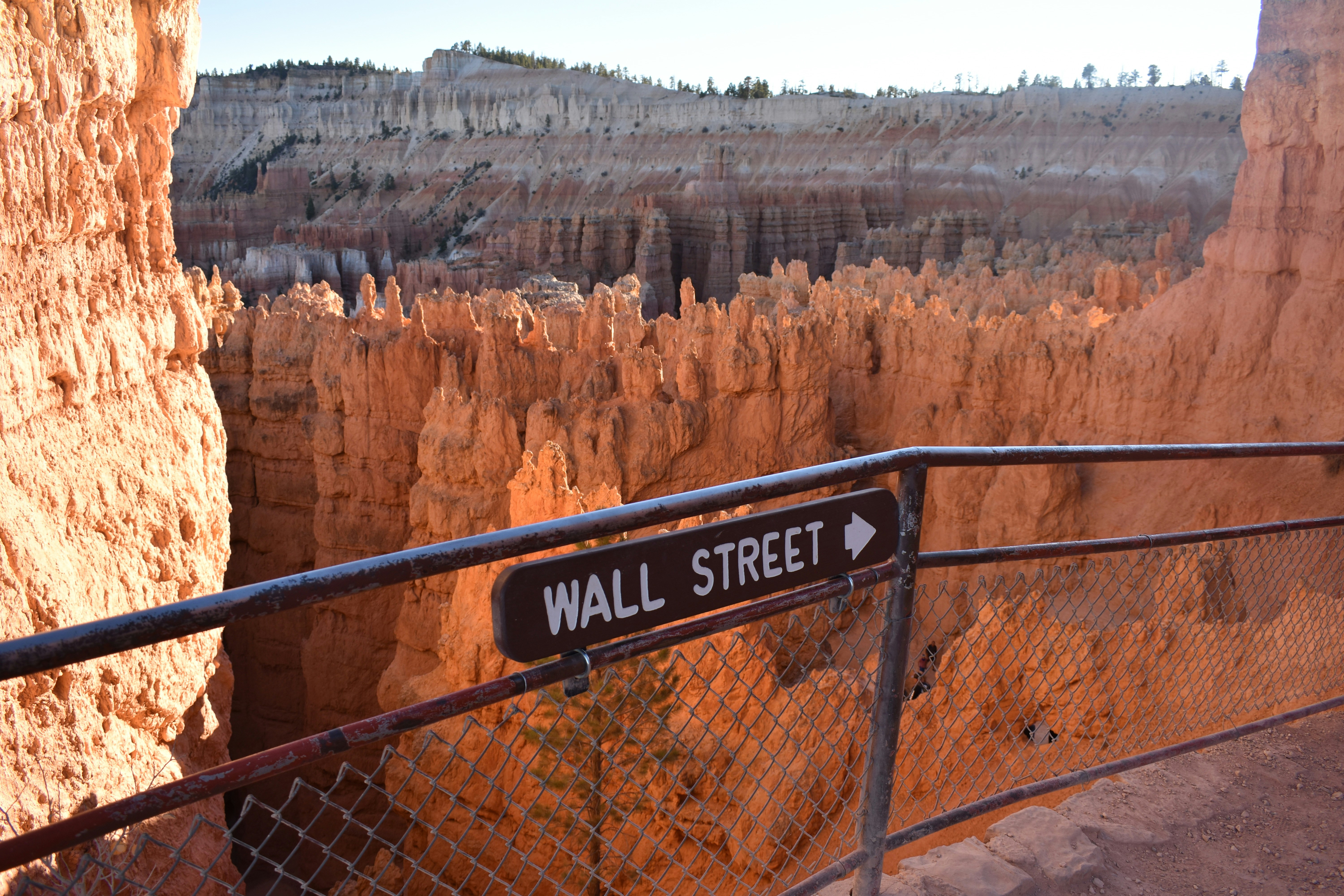 Wall Street Overlook: Rust-Orange Canyon Spires and Railing