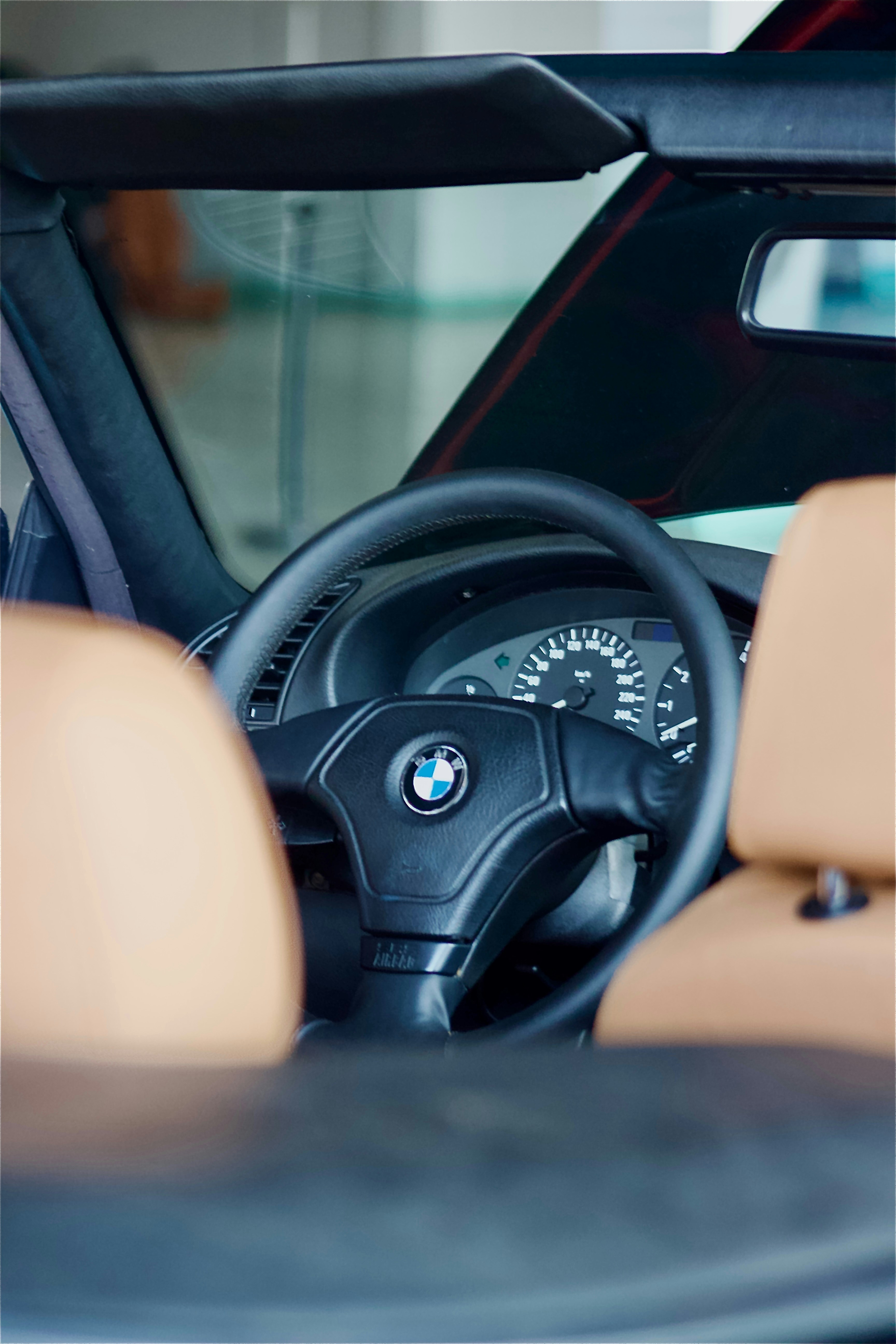 BMW steering wheel centerpiece under soft cabin light