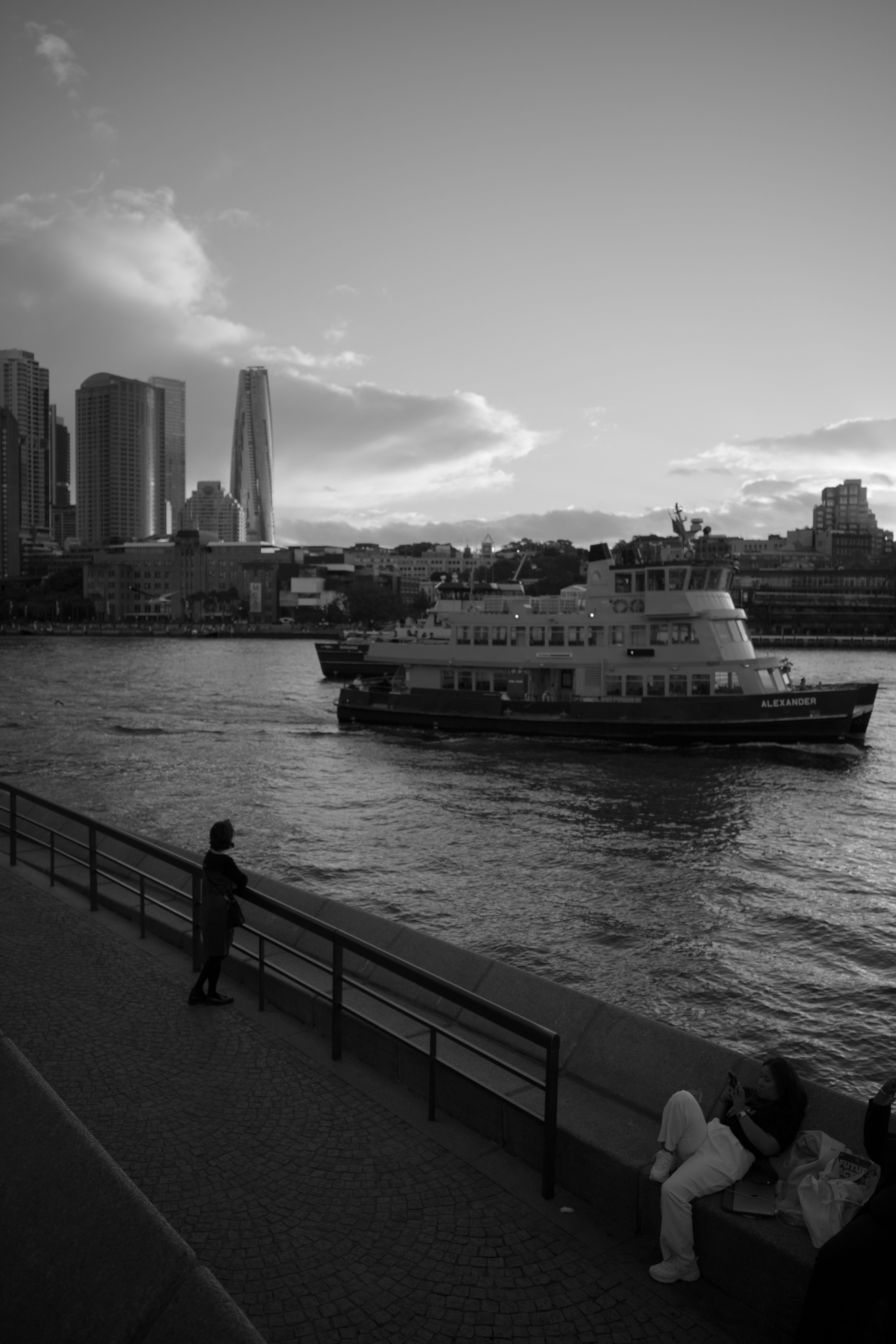Riverside Ferry and City Vista at Twilight