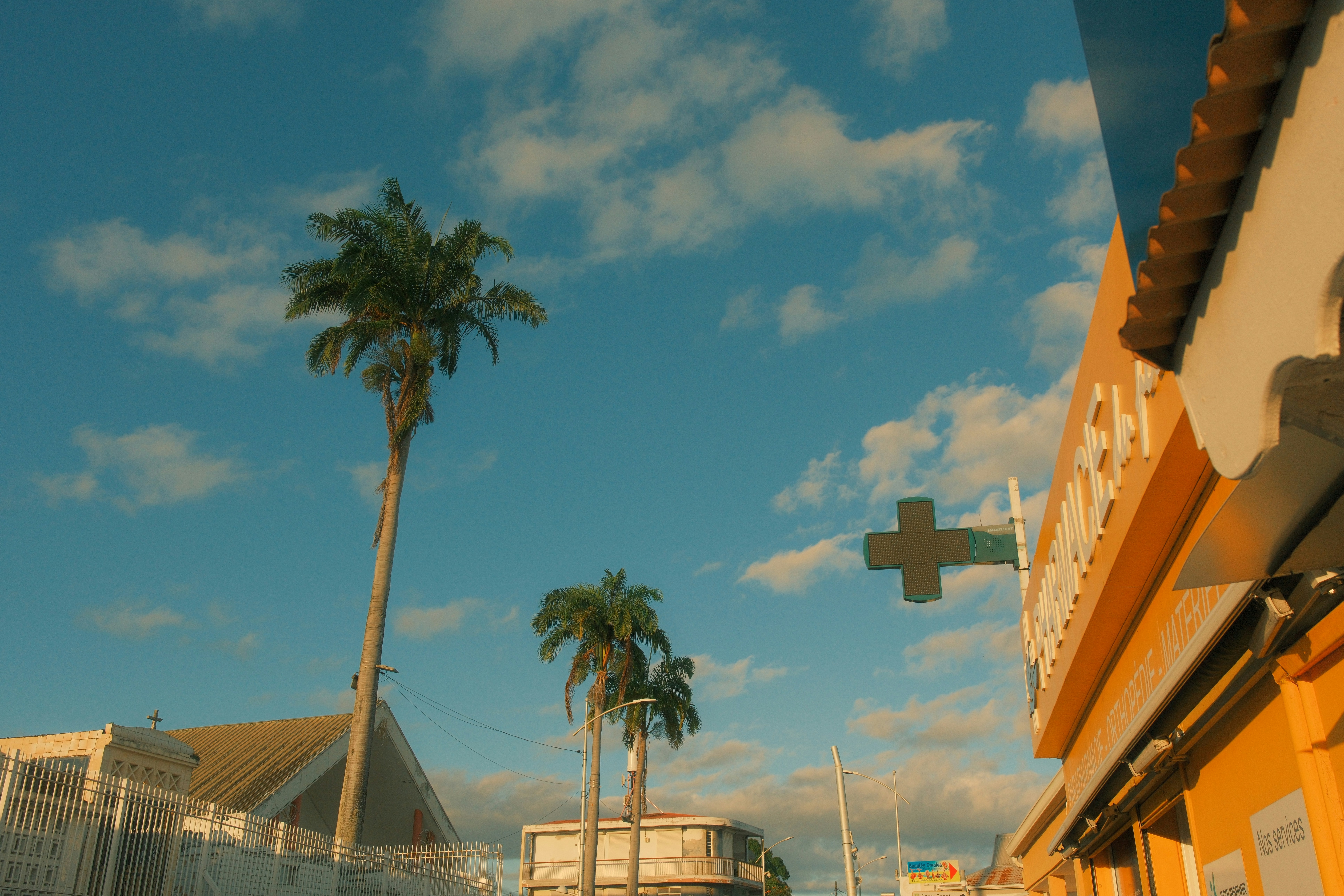 Sunlit Street Corner with Orange Facade and Palm Silhouettes