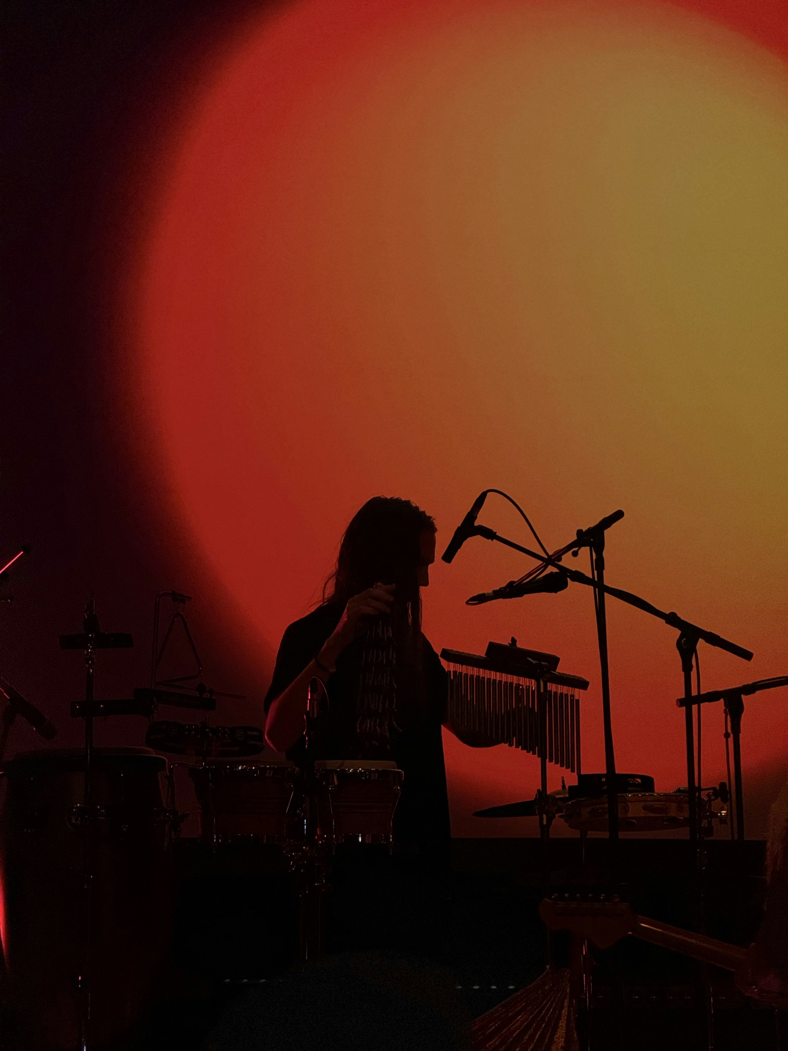 Silhouette in the Glow: a musician under a crimson stage light