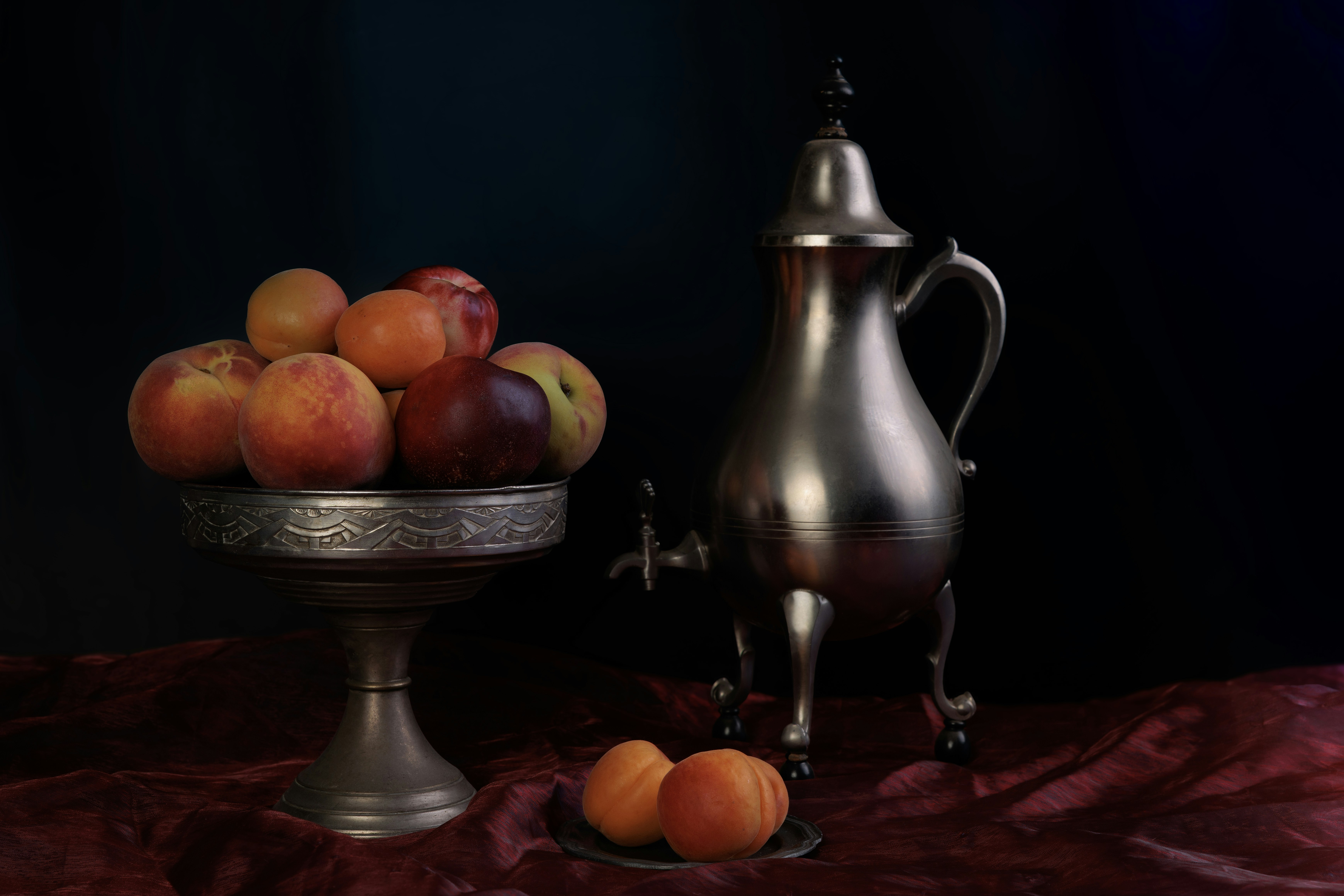 Silver Still Life: A Fruit Bowl and Ewer in Velvet Night