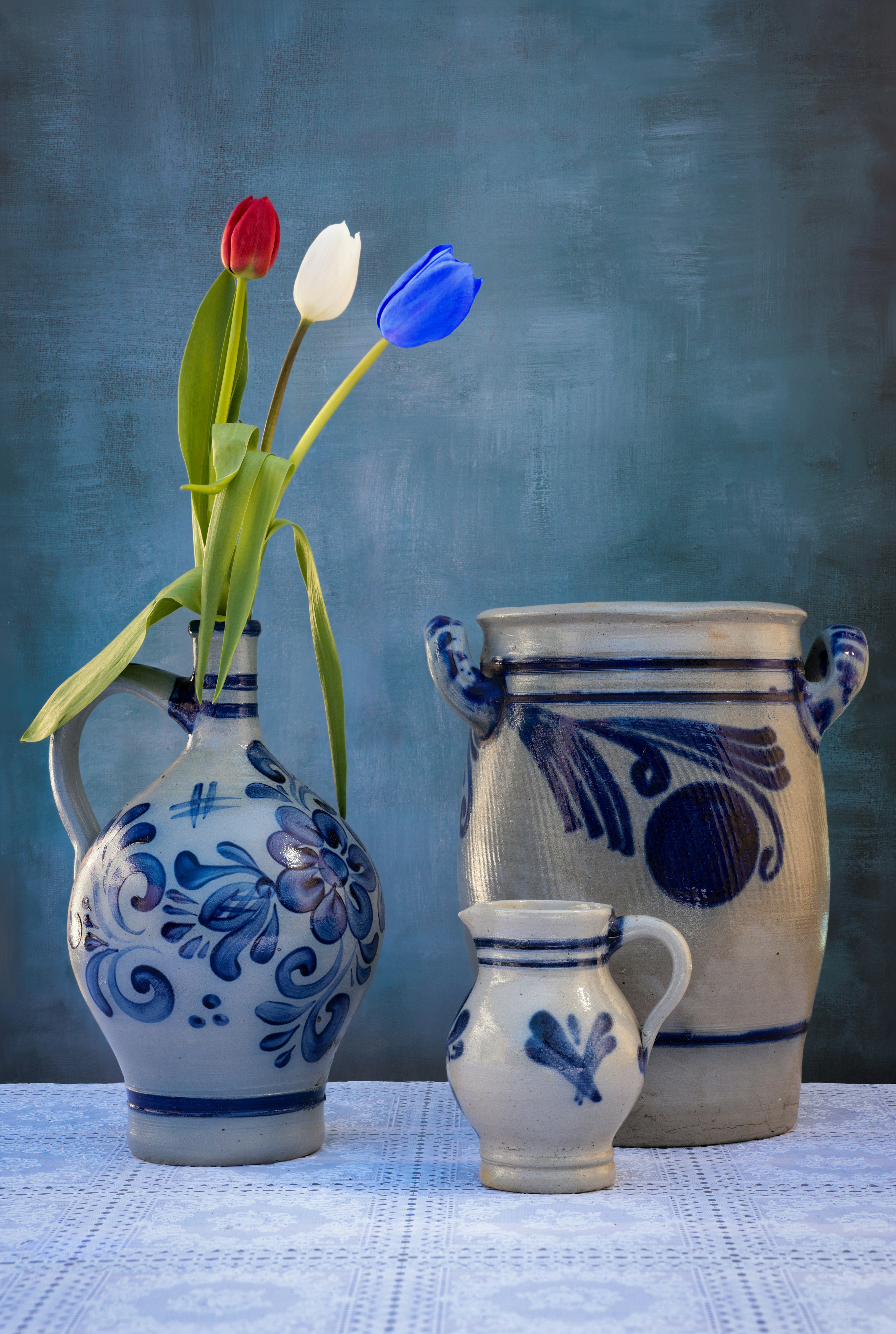 Three Tulips in Delft Blue: A Still Life with Ceramics