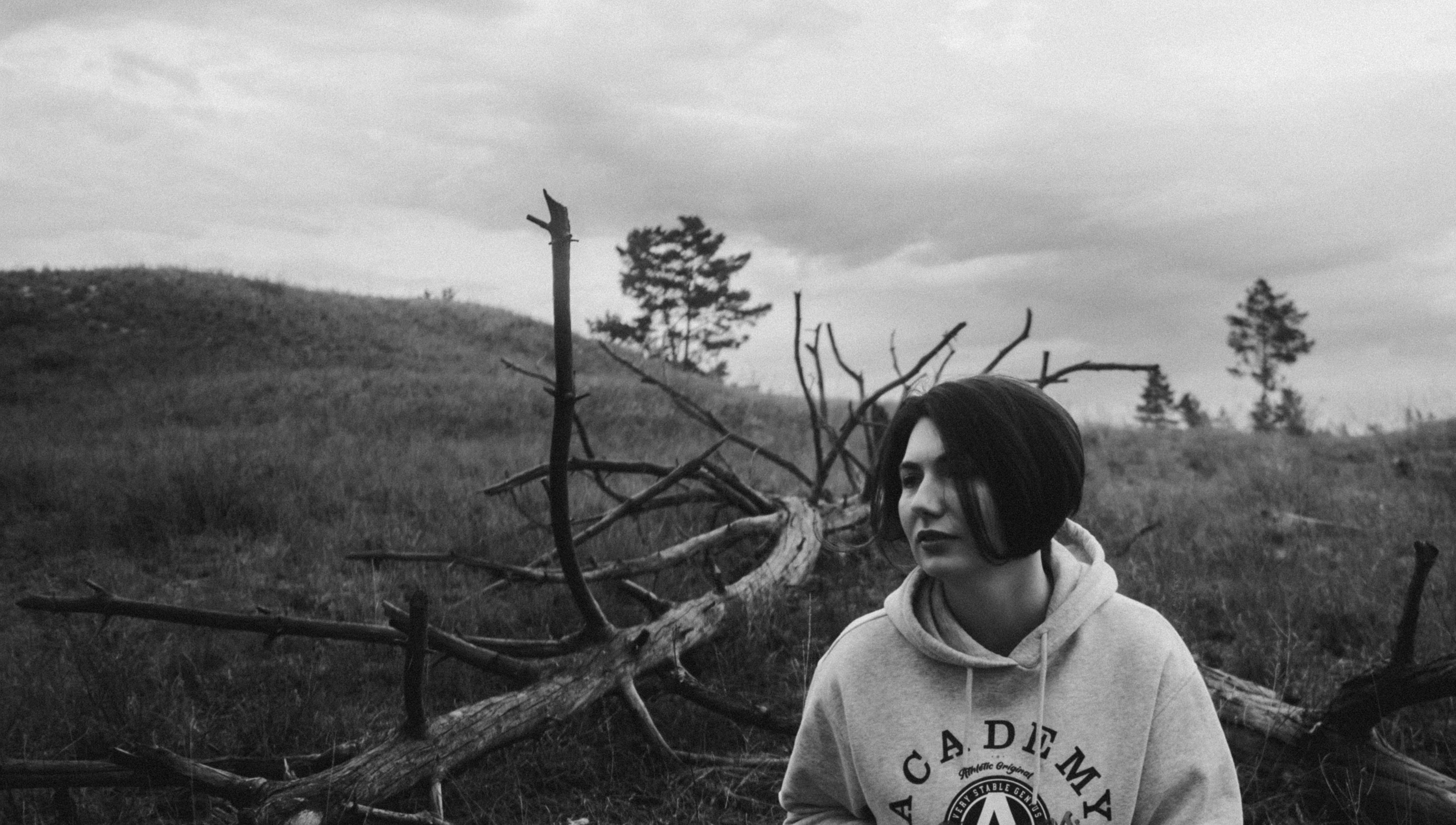 Quiet Horizon: A Lone Figure Among Fallen Branches