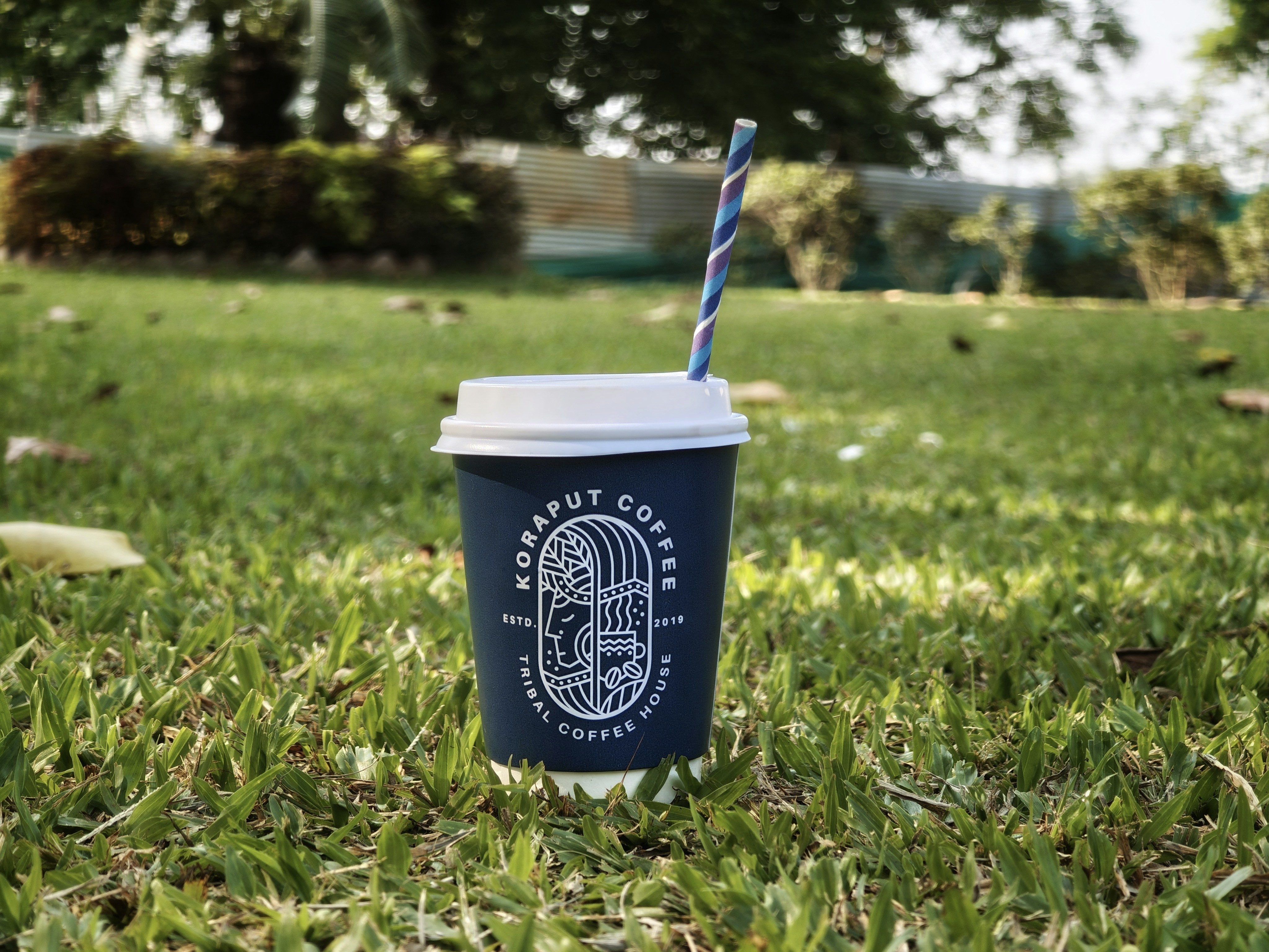Blue to-go Cup on a Lush Green Lawn