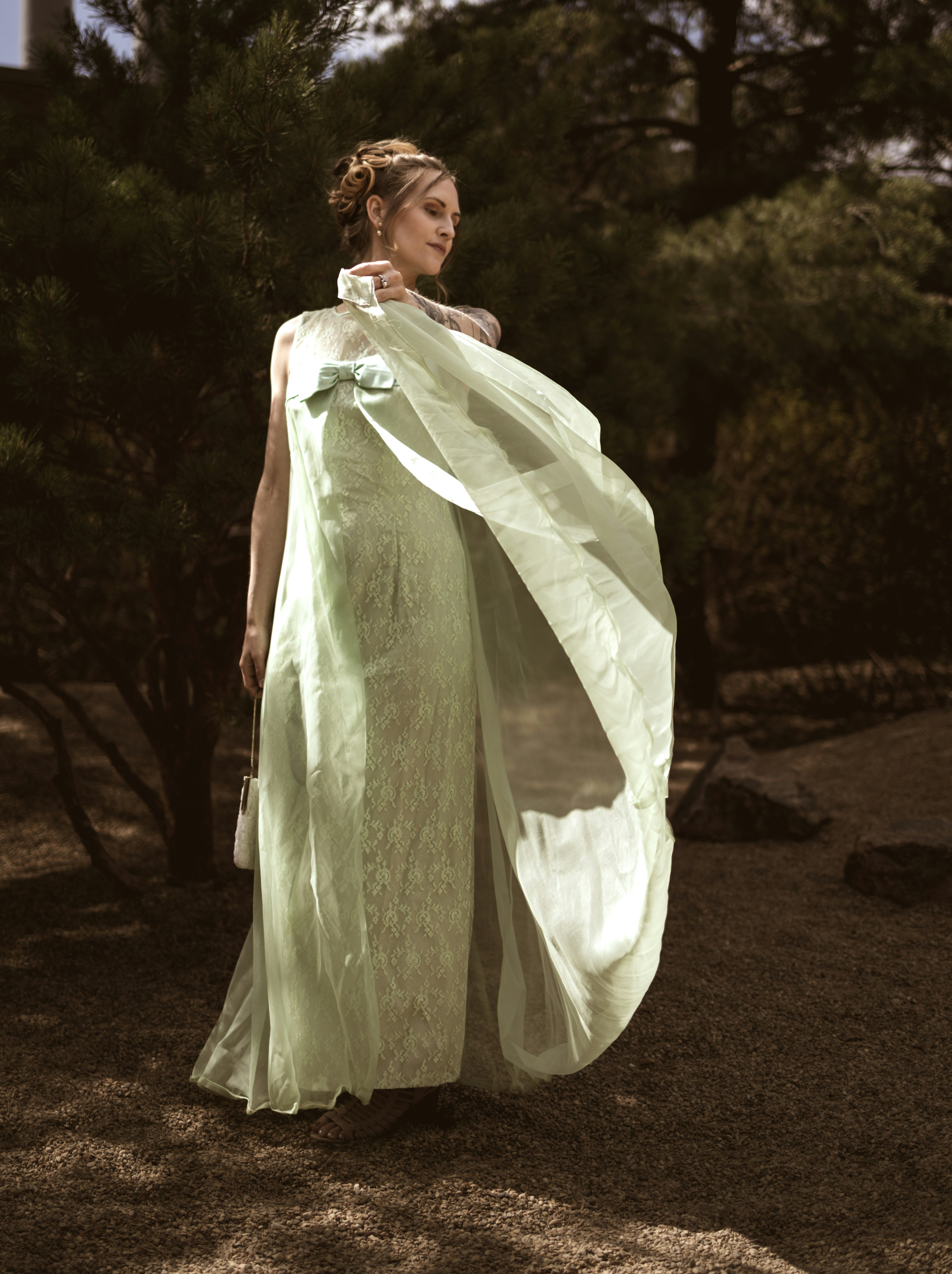 Forest Gala: A Flowing mint-green gown in autumn light