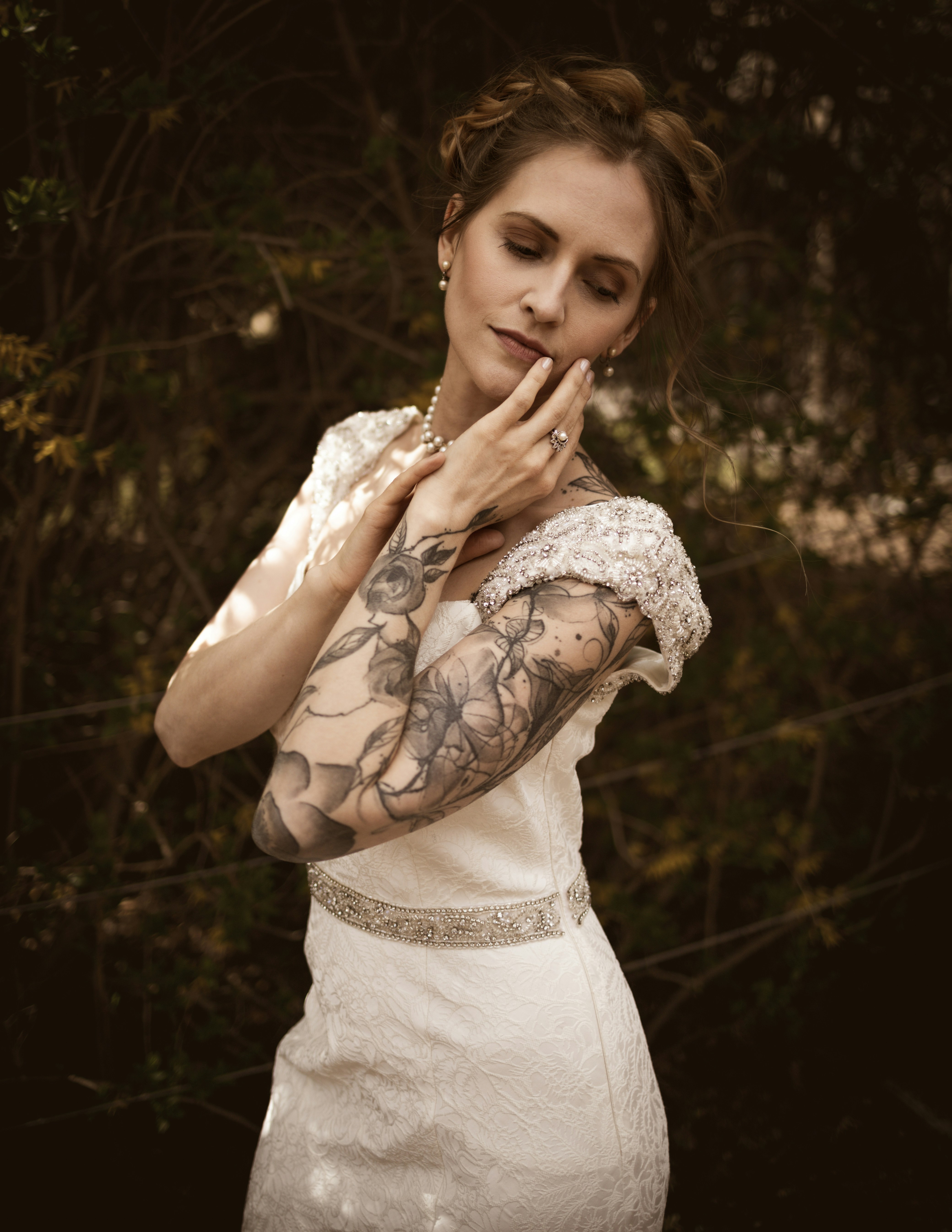 Veil of Lace and Ink: A Bride in Contemplation