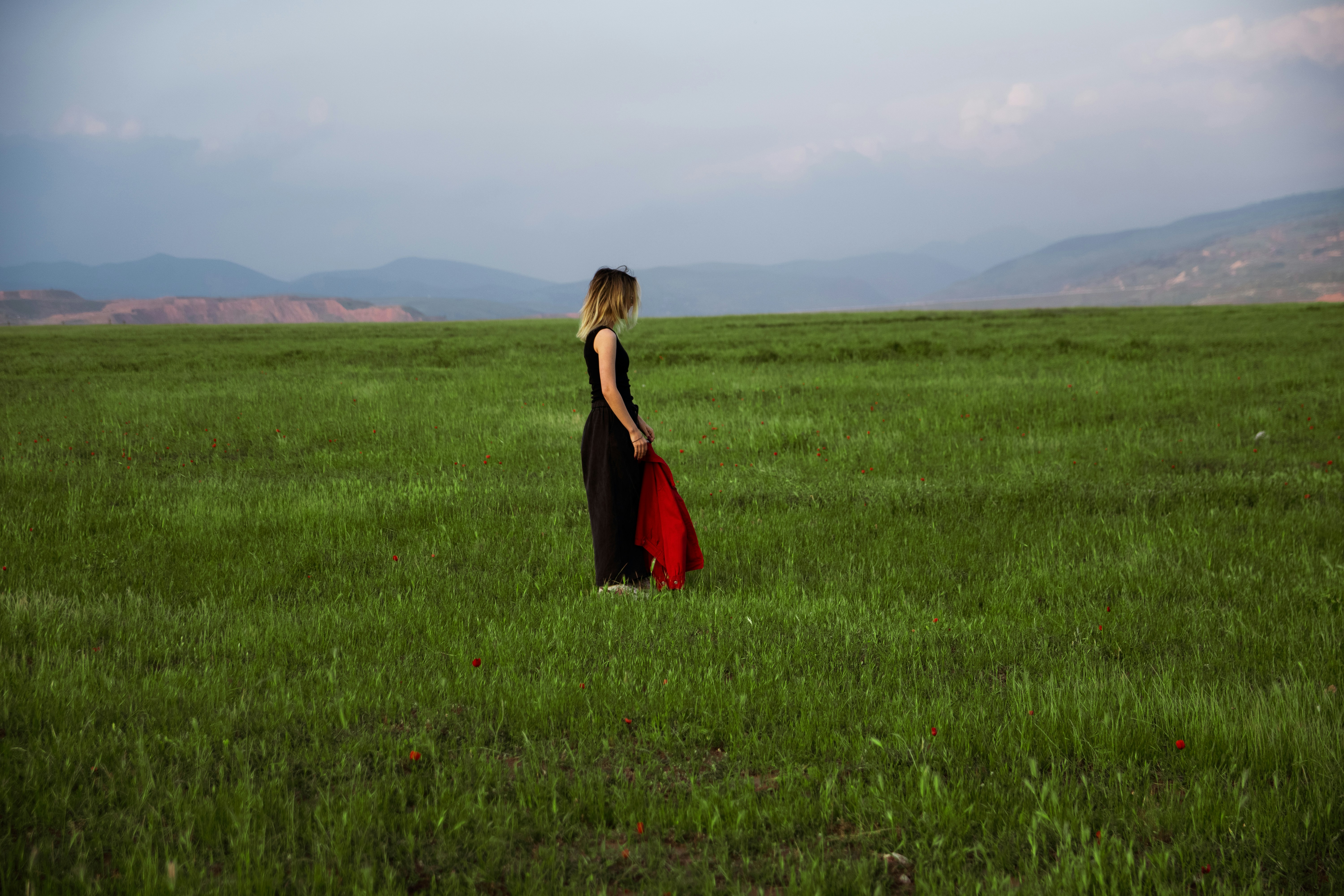 A solitary figure in a windswept meadow under distant hills