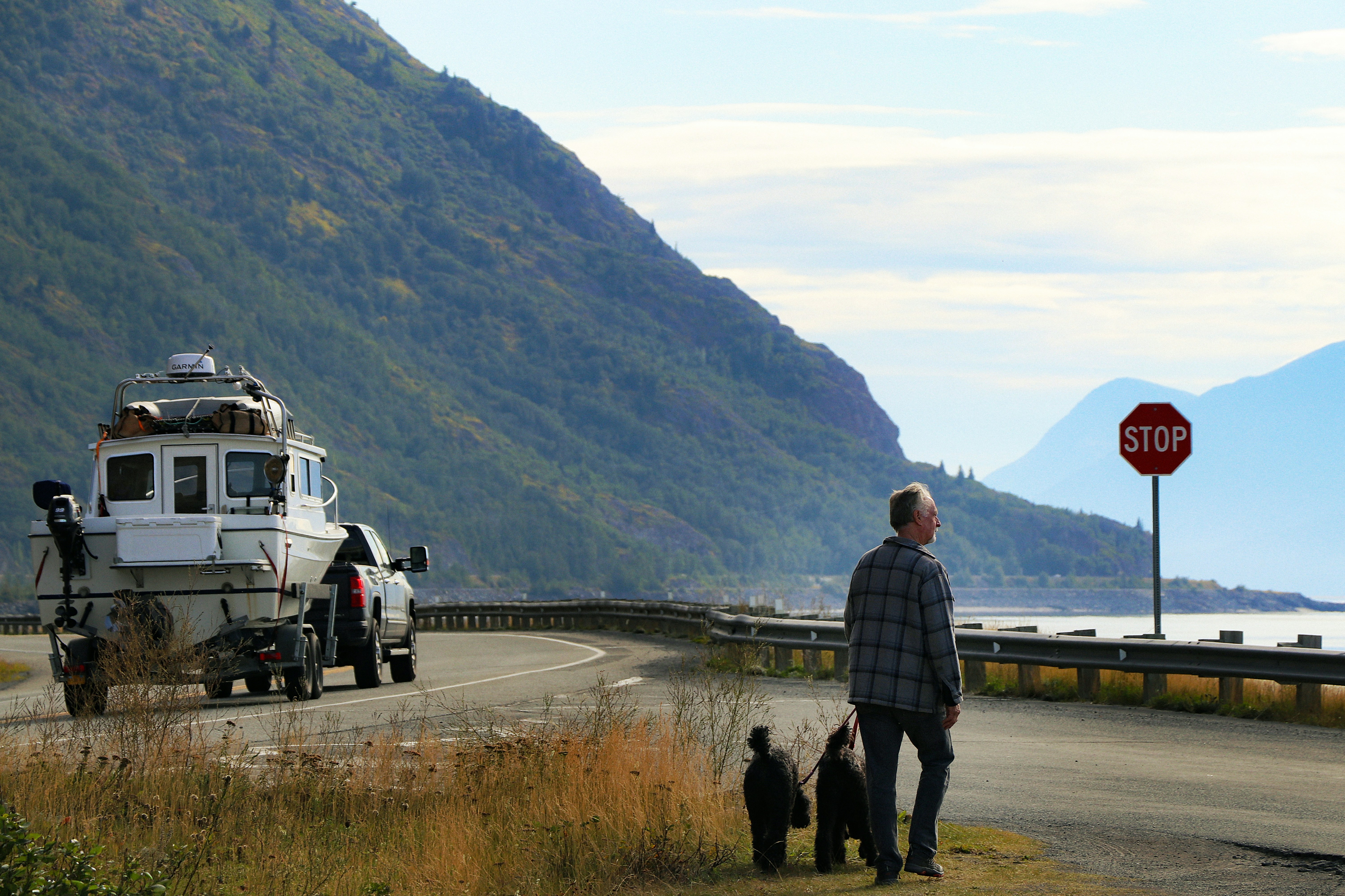 Man with two dogs and a boat on a coastal road