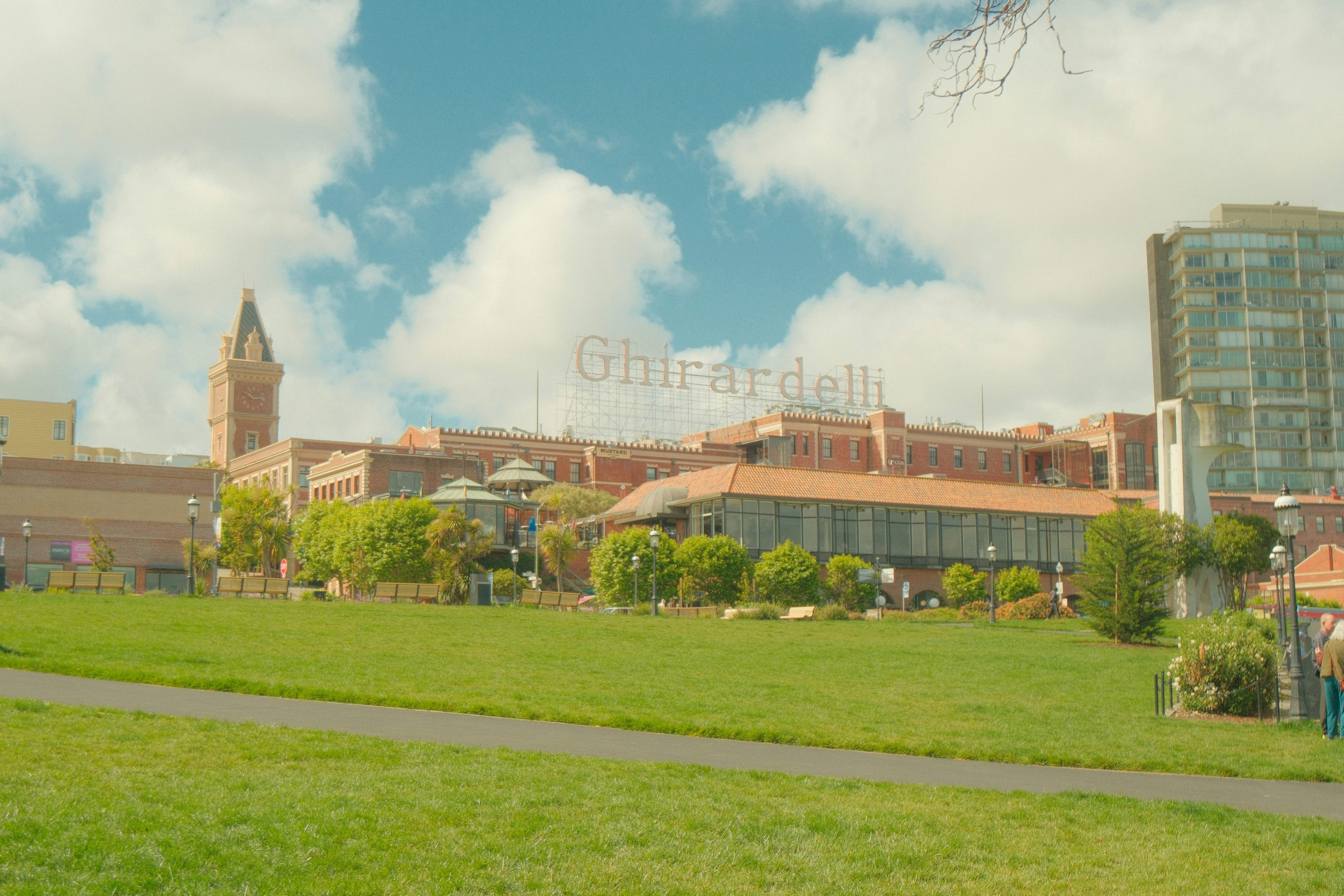 Ghirardelli Sign Glows Above a Quiet Park