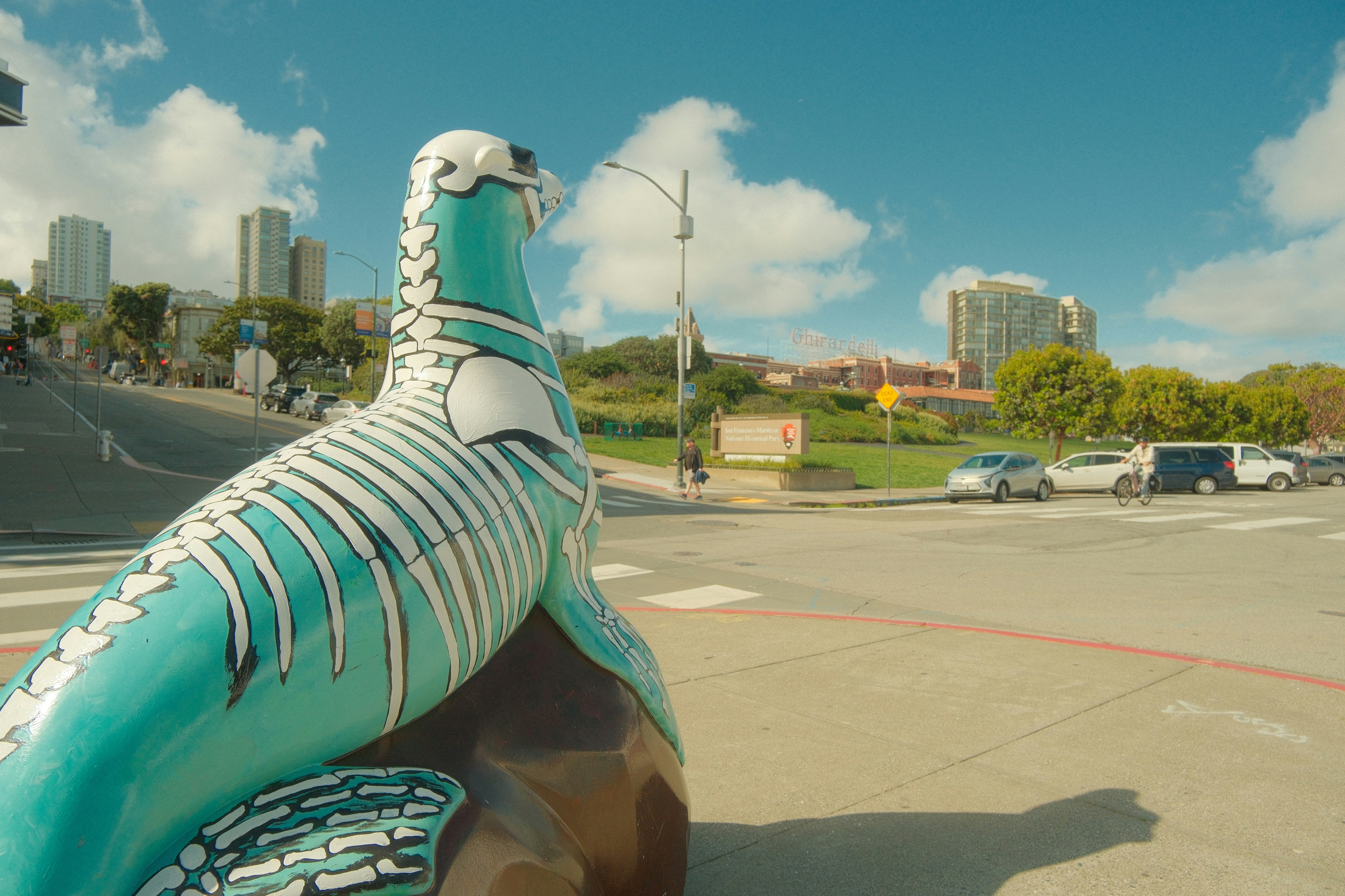 Cartoon-like Shark Sculpture with Urban Backdrop