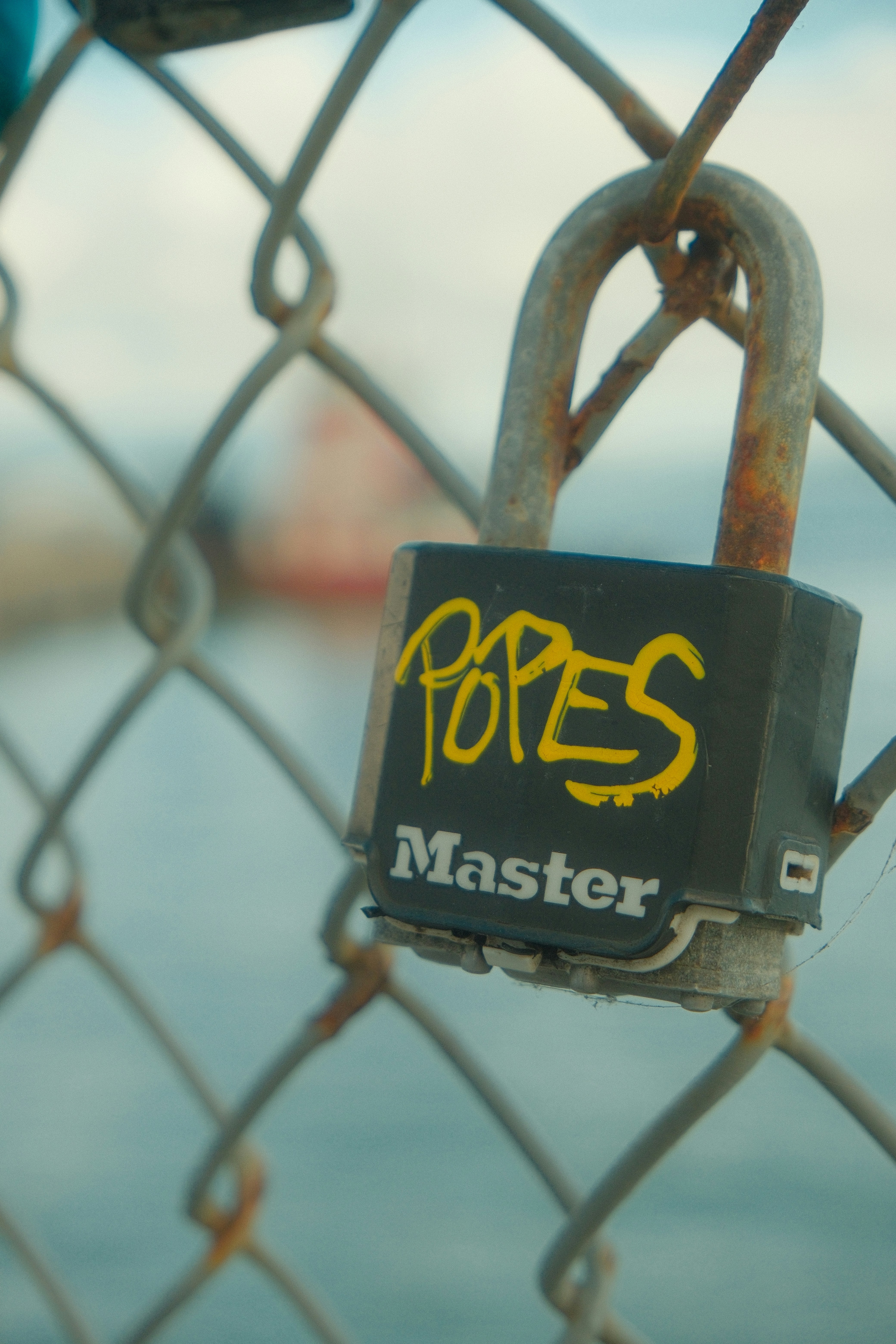 Locked in Transit: A Master Padlock on a Rusting Chain Link Fence