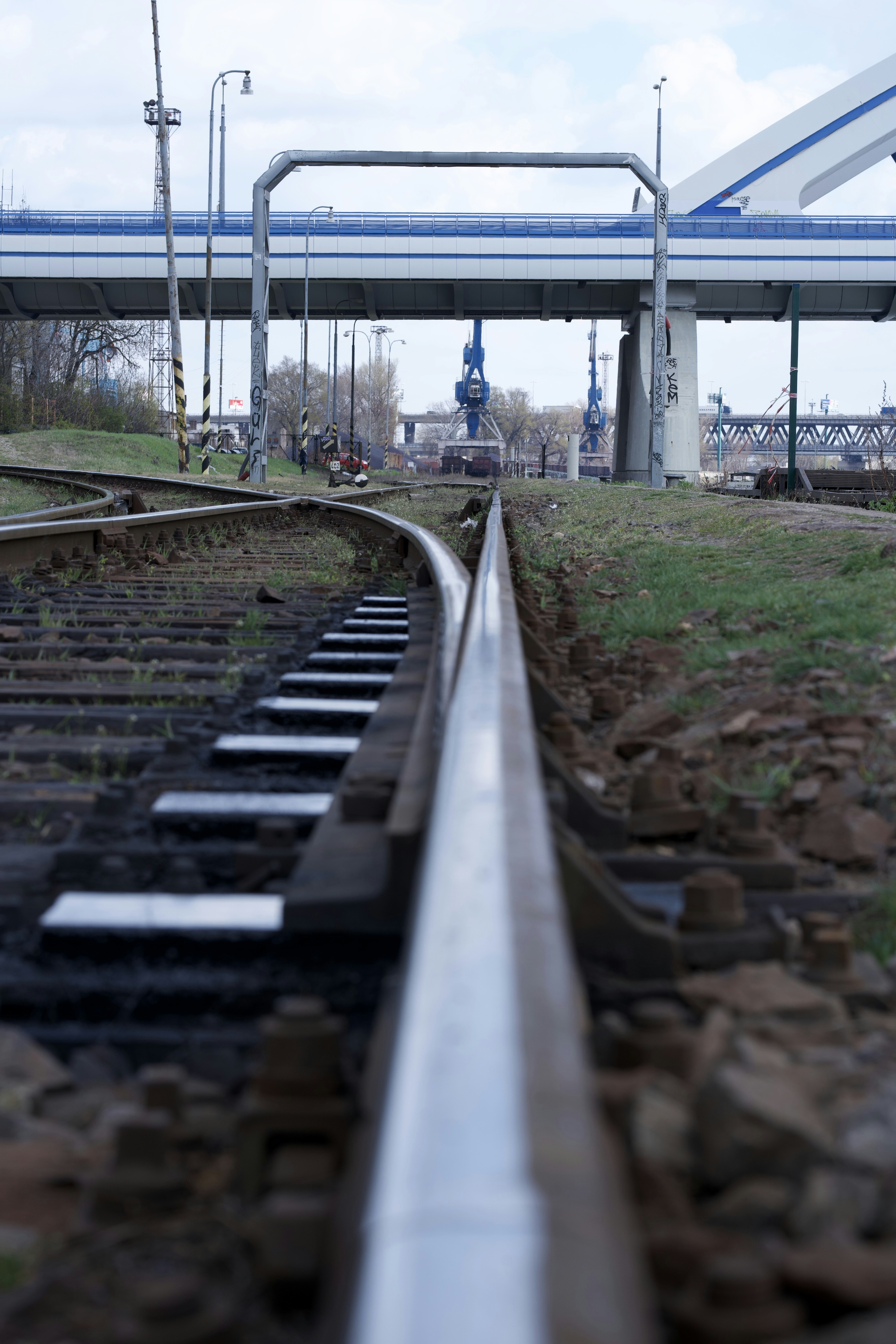  Rails Converge Under a Modern Overpass