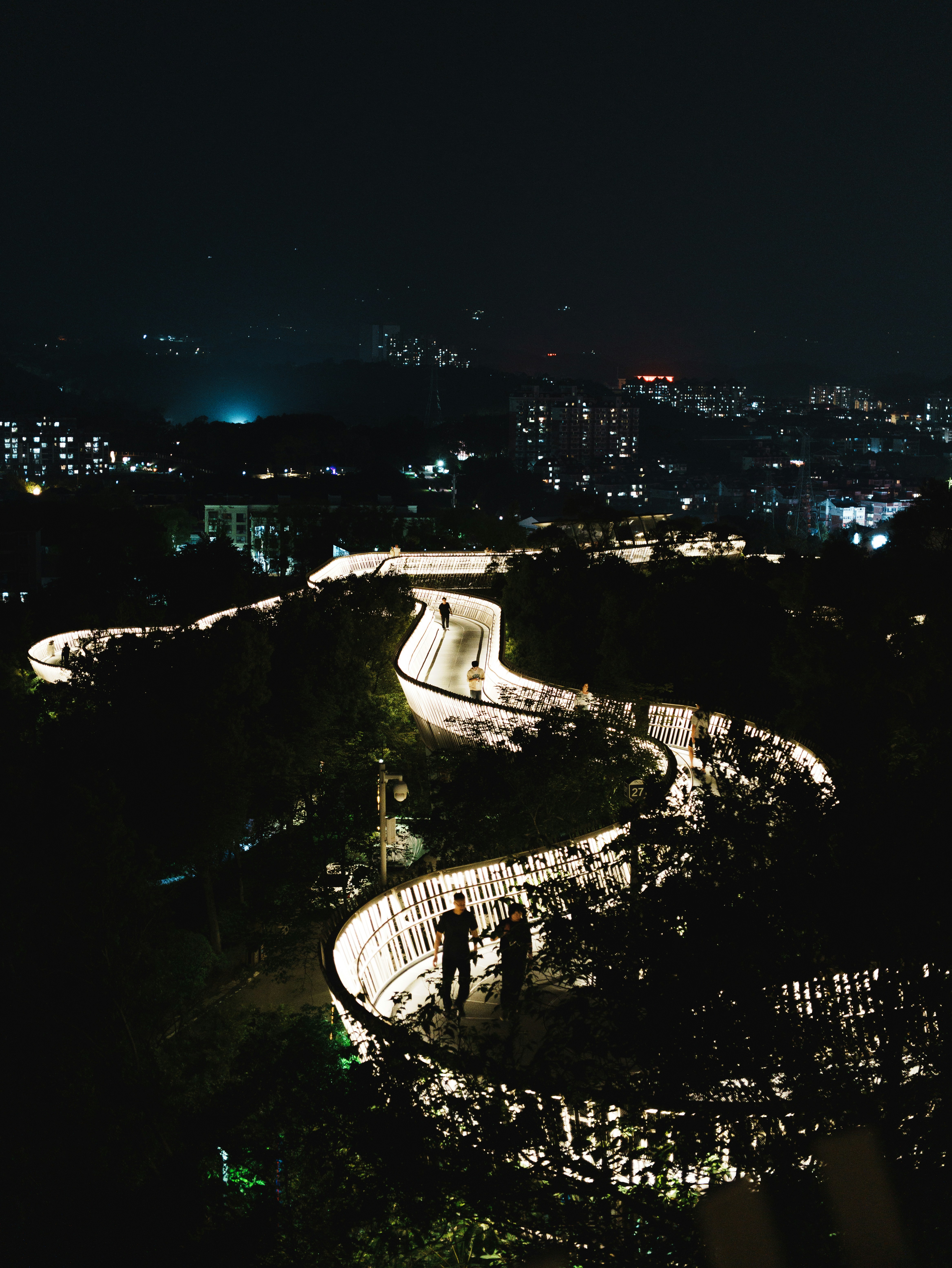 Winding Neon Trail: Night Walk Along the City Circuit