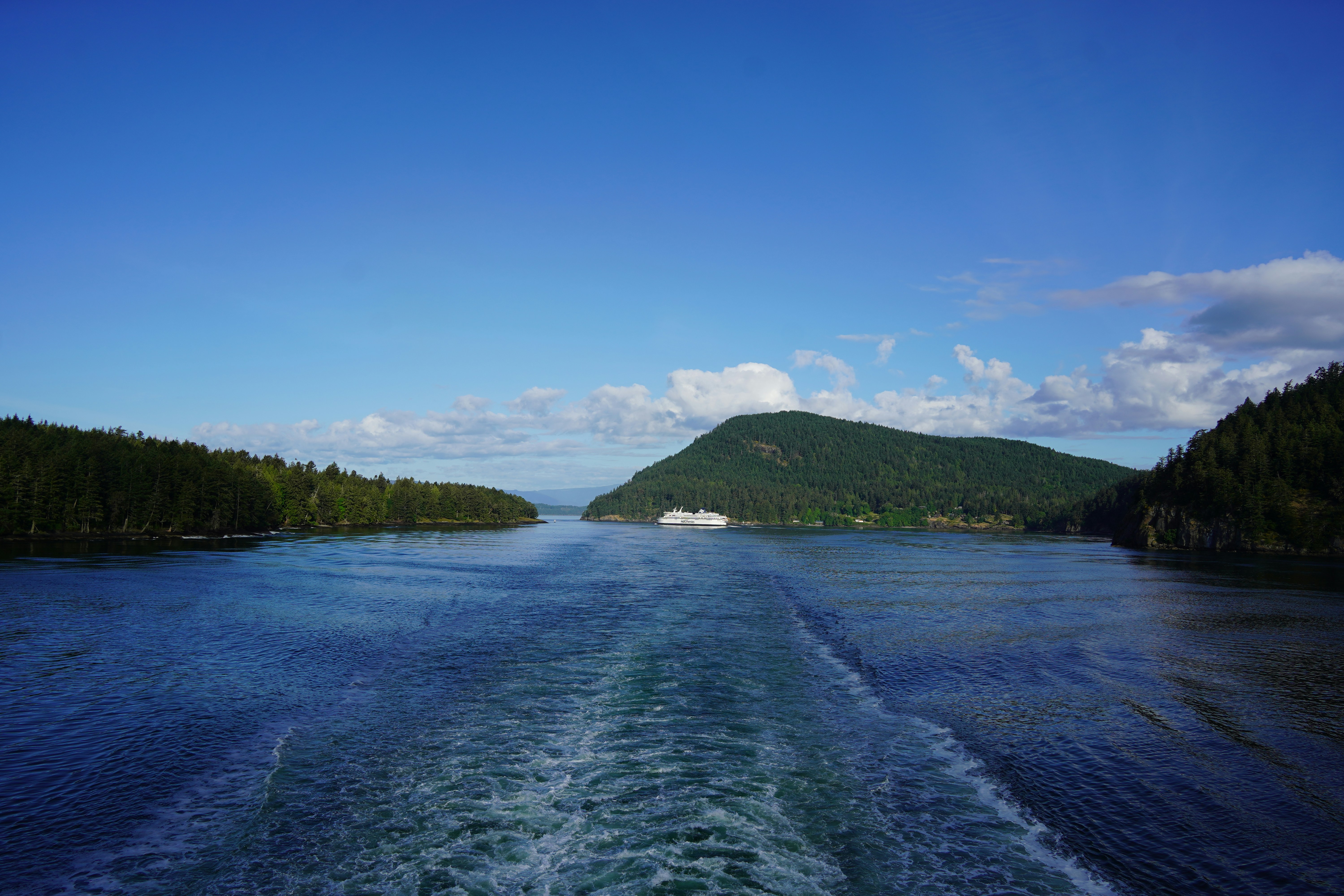 Wake across a Nordic Channel toward a forested island