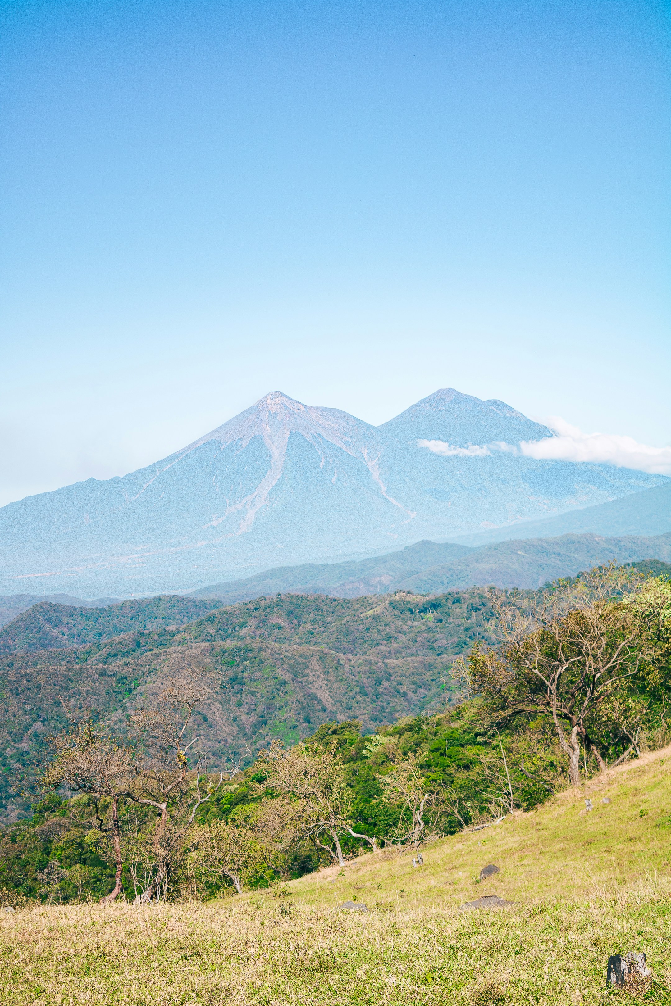 Morning Summit: Distant Volcanoes under a Clear Sky