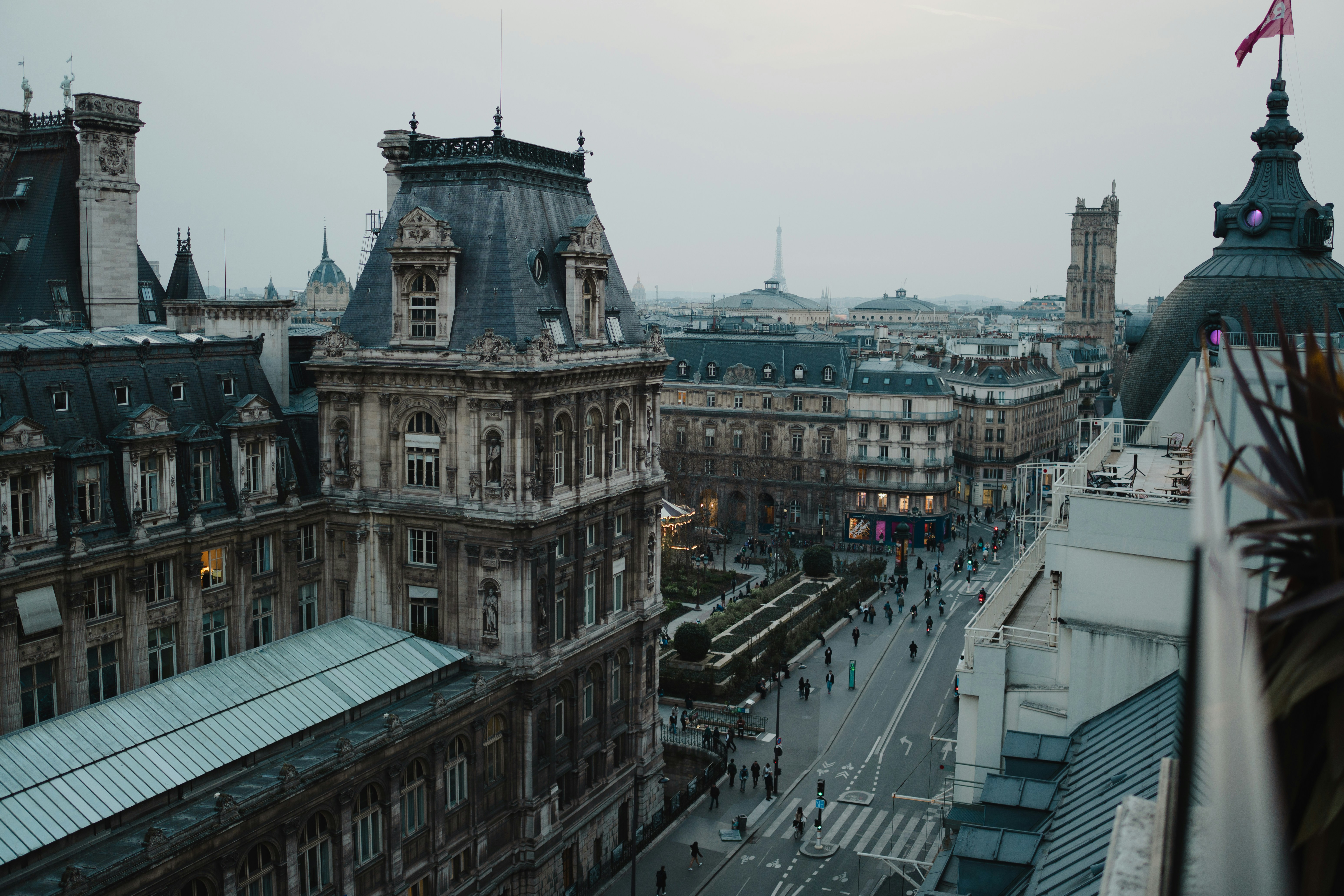 Old European Facade Span: Rooftops and Street Below