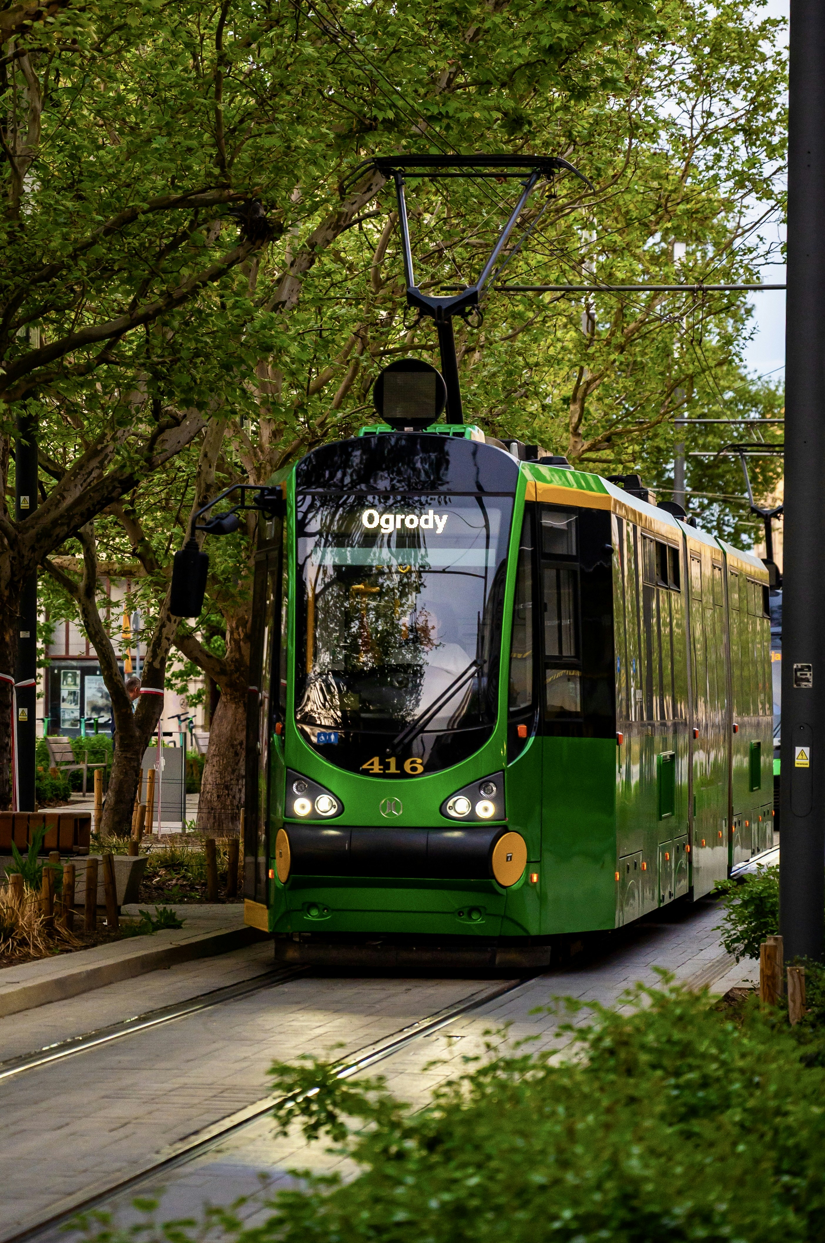 Green Streetcar Gliding Amid Urban Foliage