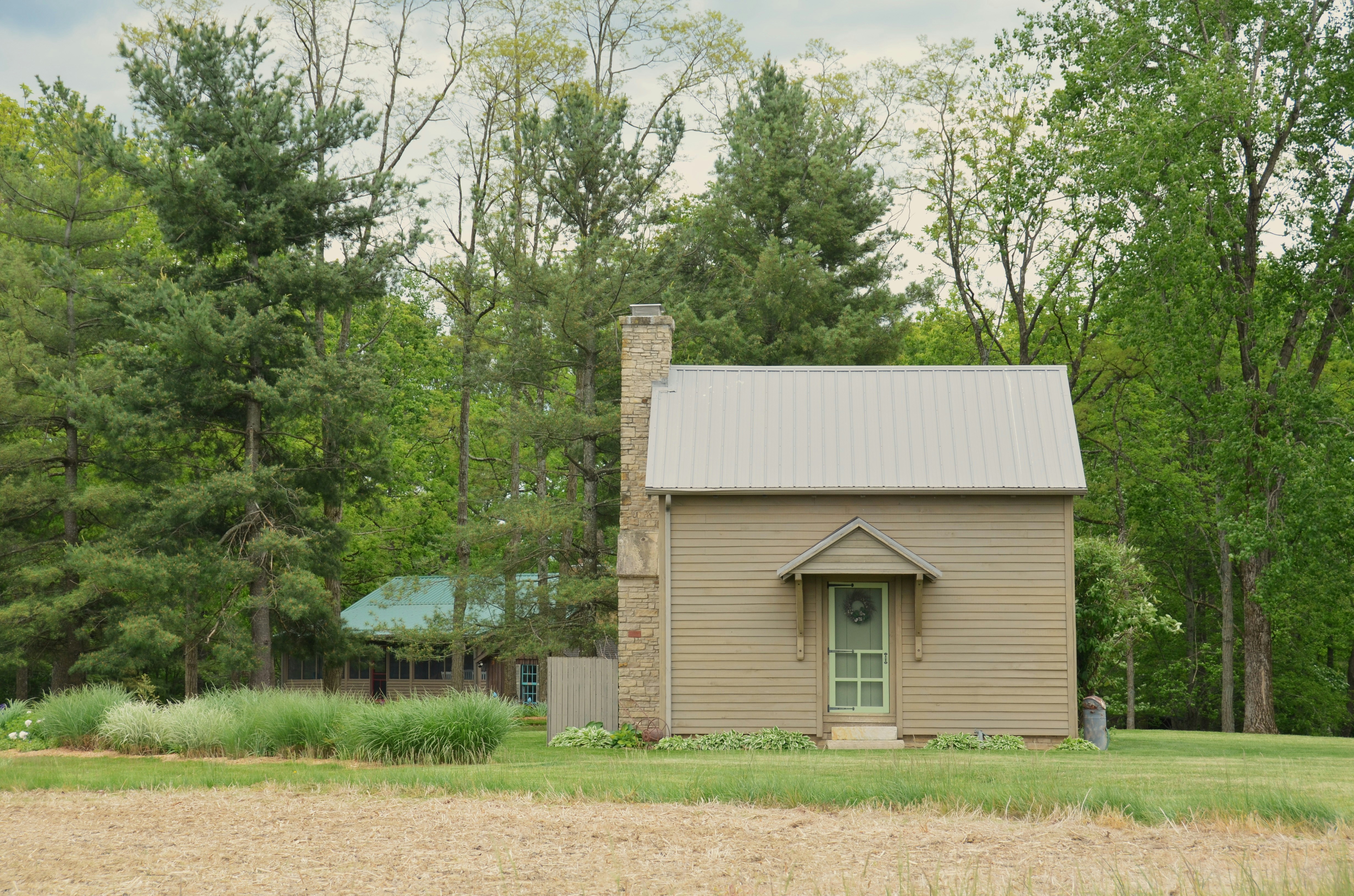 Cozy cabin amid a green clearing with a small chimney and doorway