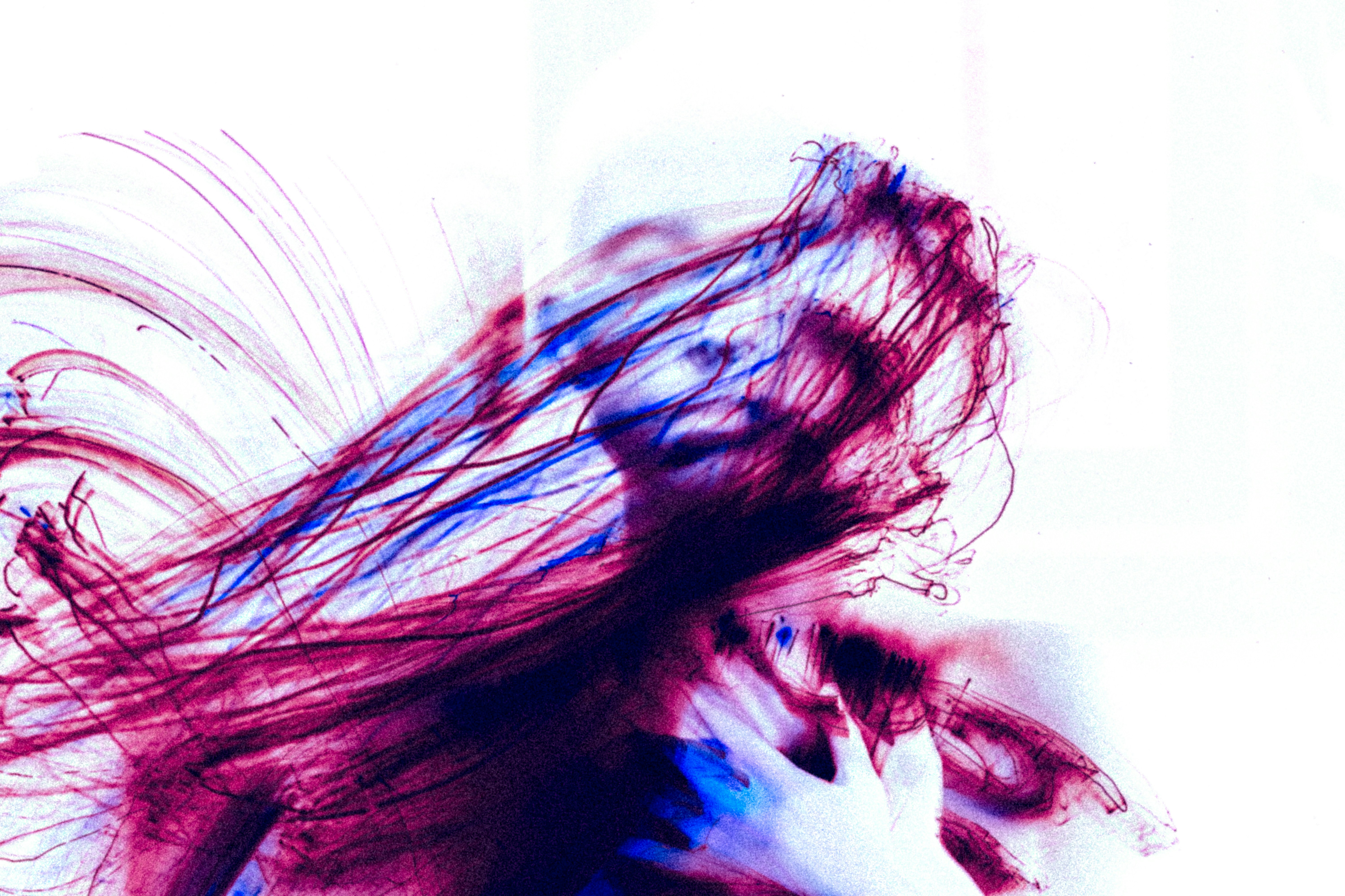 Tangled Colors in Motion: A Portrait Dissolved in Blue and Magenta Threads