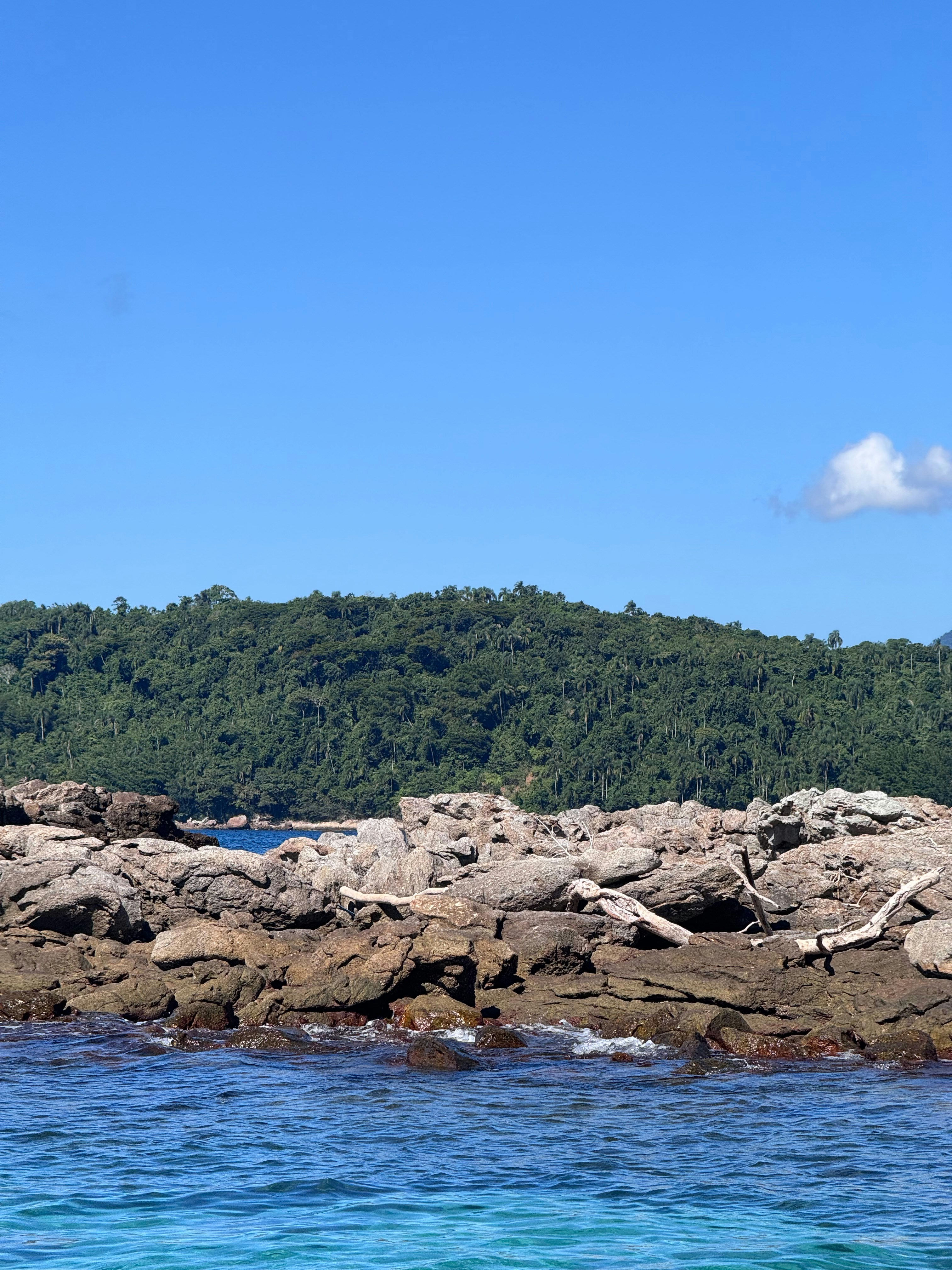 Rocky shoreline meets emerald sea under a clear blue sky