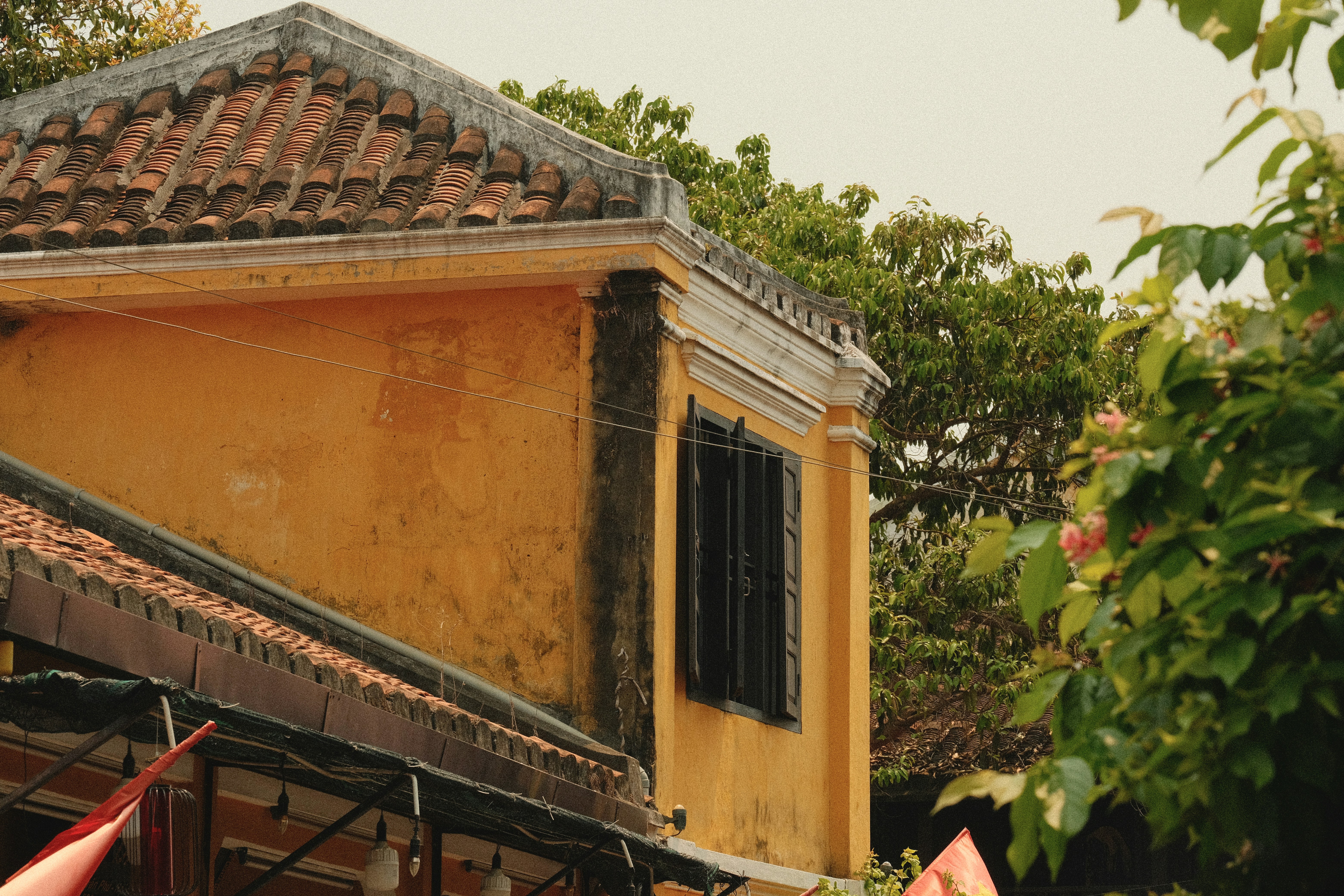 Yellow building with tiled roof and green trees photo – Free Street ...