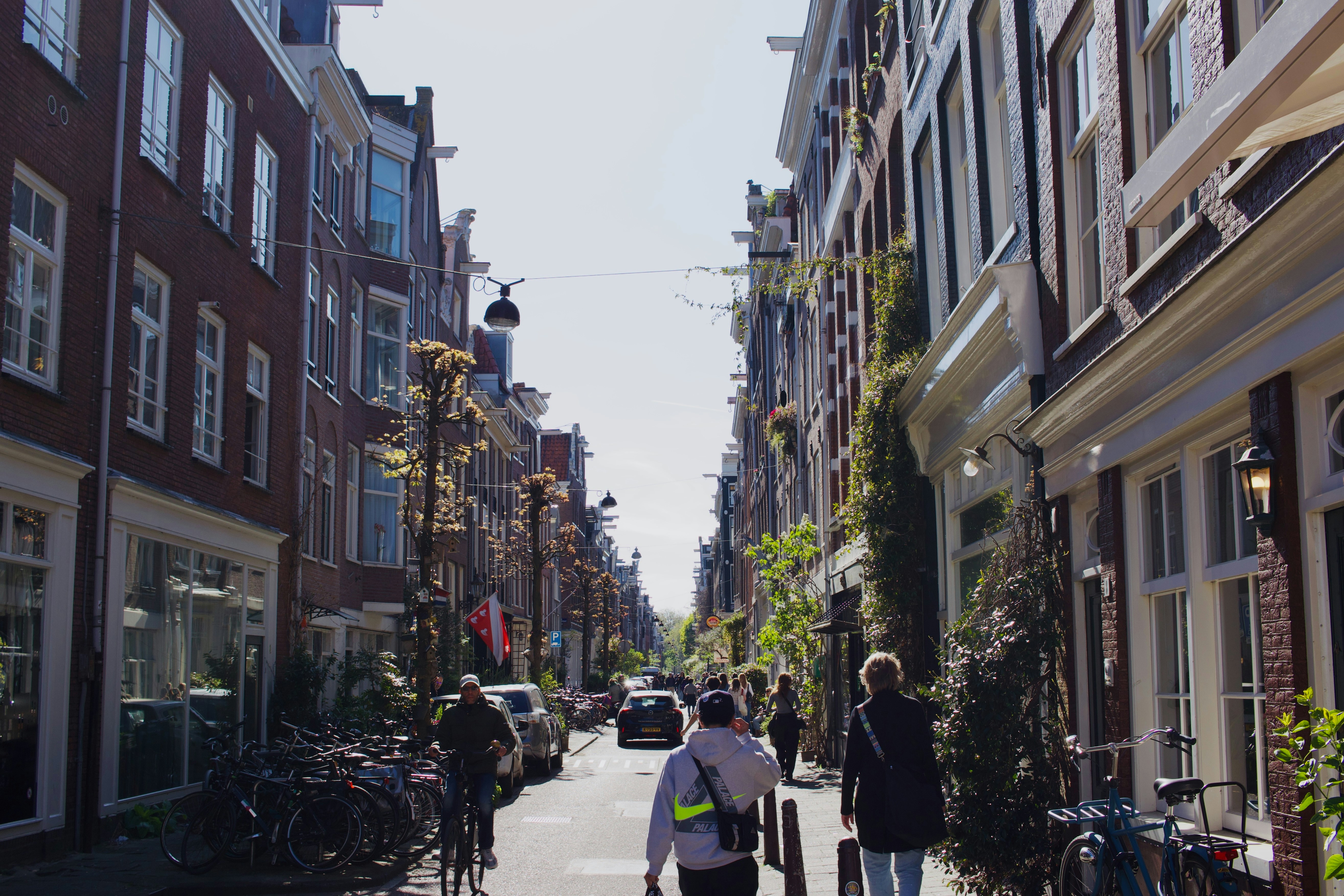 Sunlit Amsterdam Street: Pedestrians and Bicycles in a Quiet City Bloc