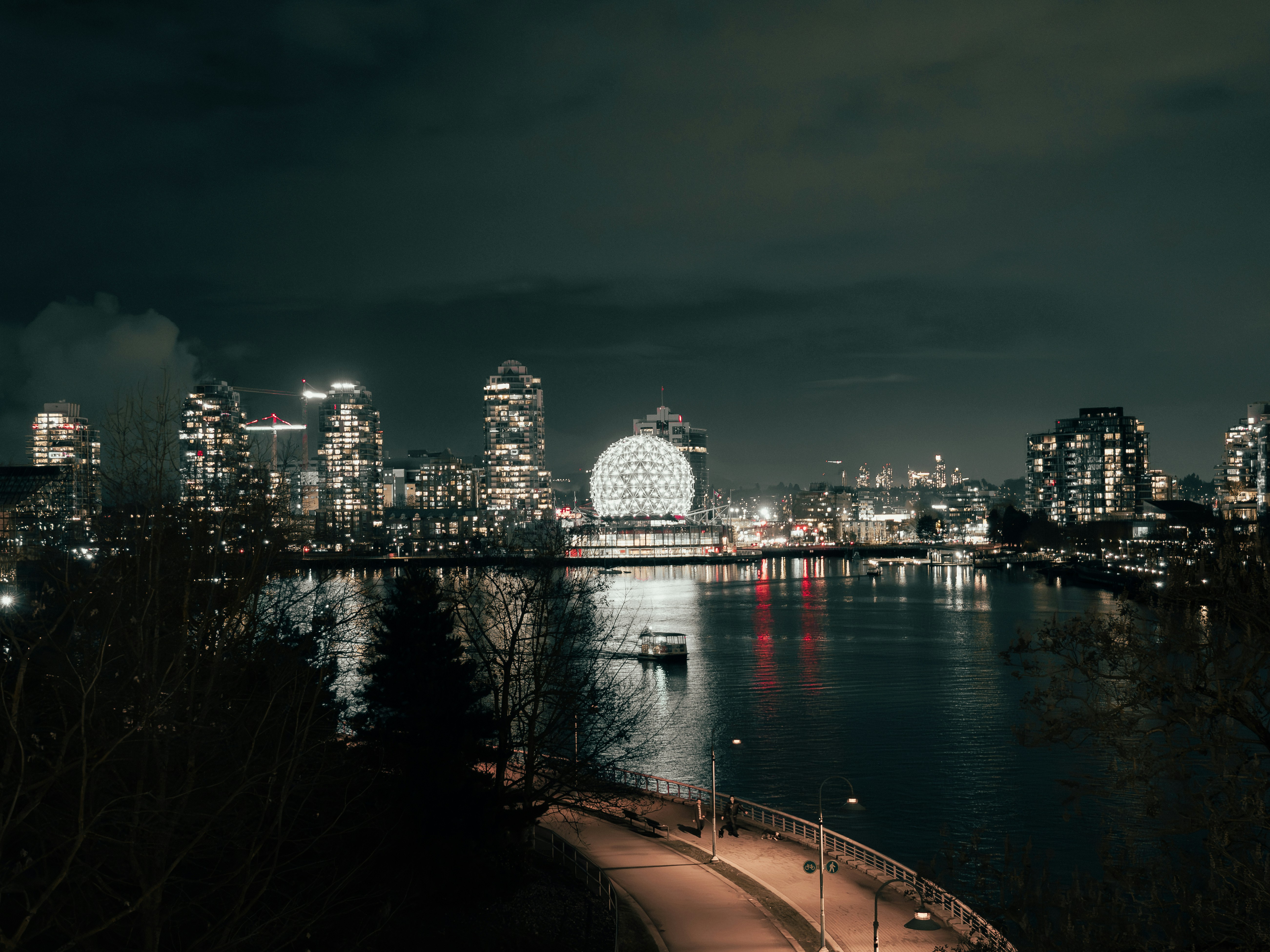 City Dome by the River: Night Lights Reflected on Calm Waters