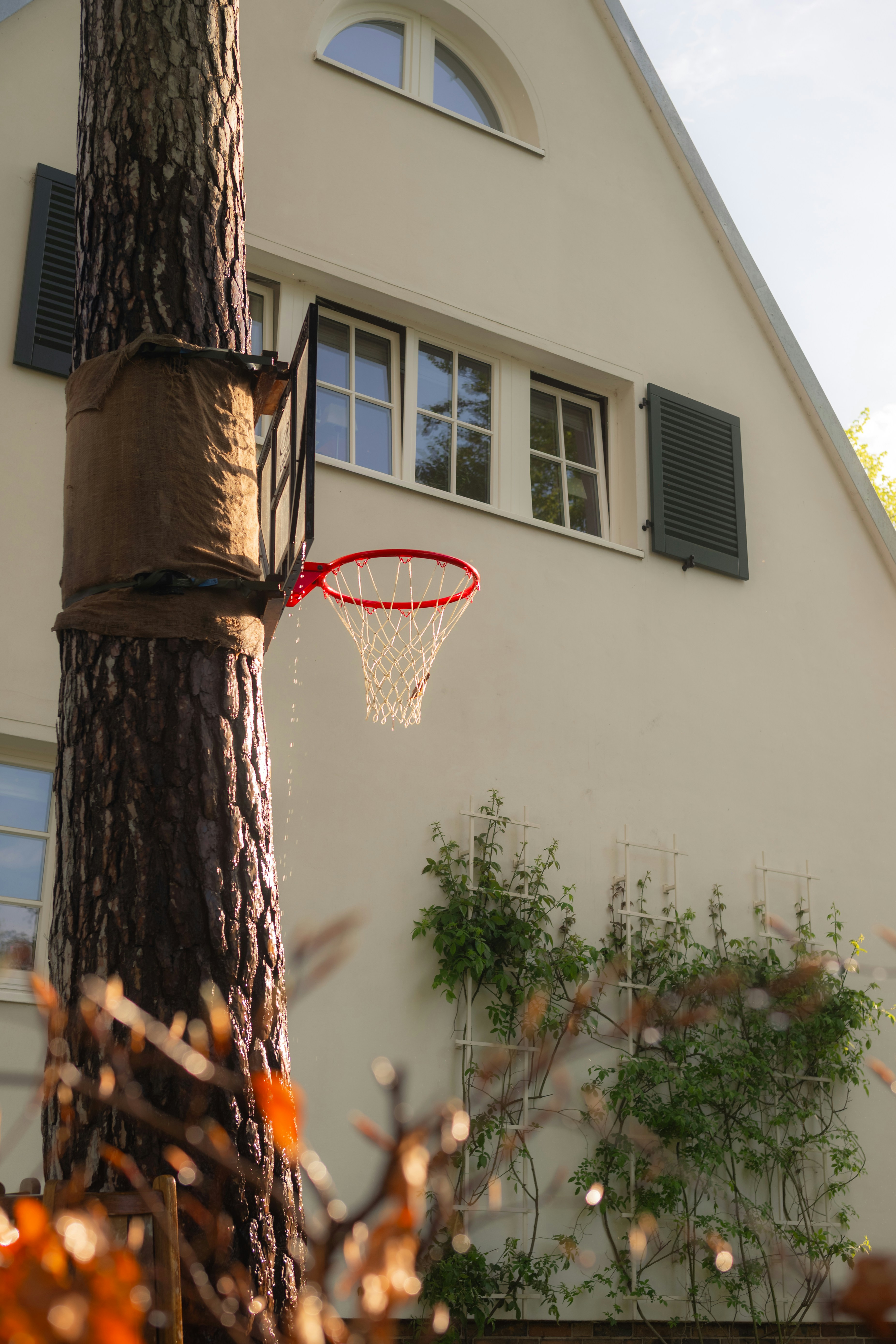 Basketball Hoop Under a Sunny Gable House