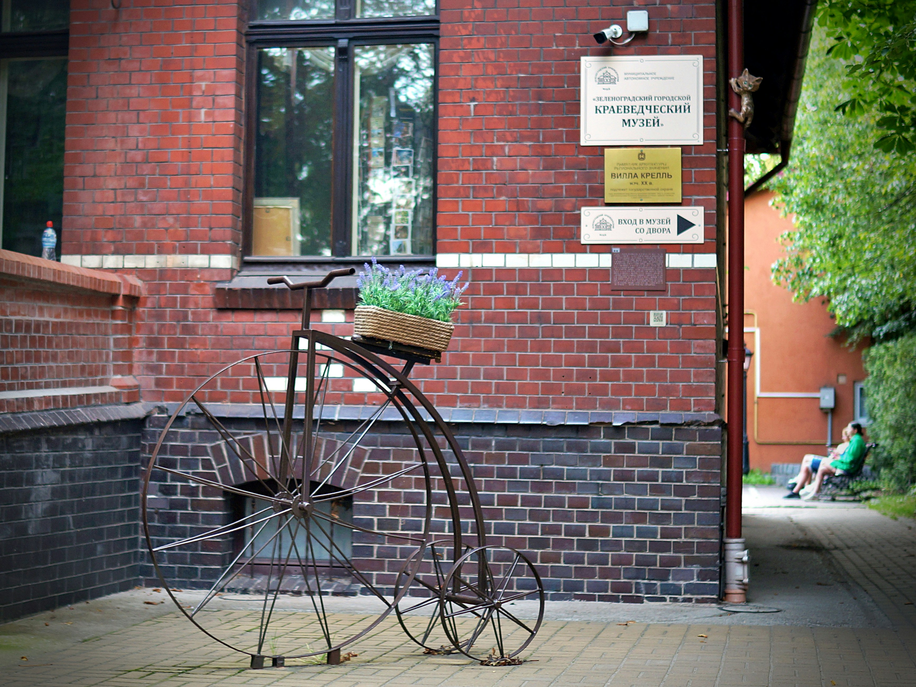 Rusty bicycle of memory guarding a brick museum stair
