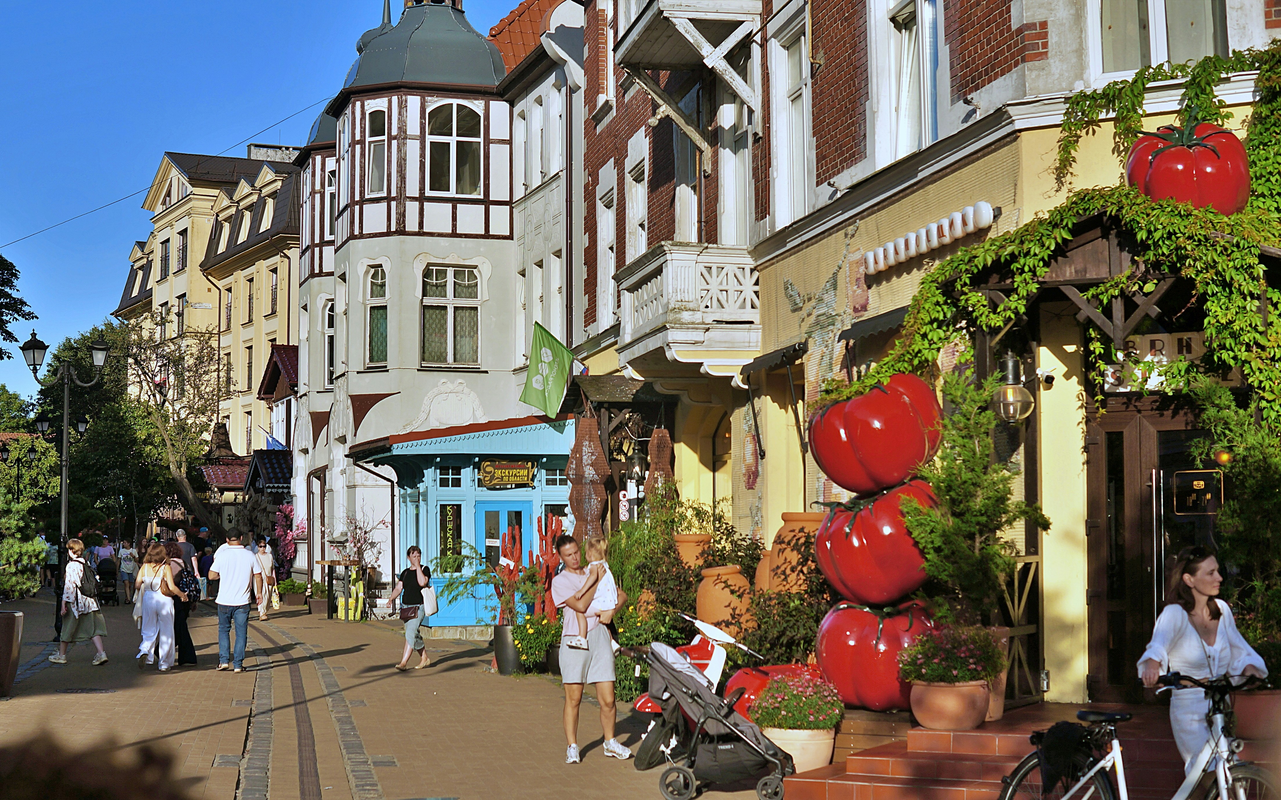 Sunlit Pedestrian Street with Colorful Facades and Red Ball Planters