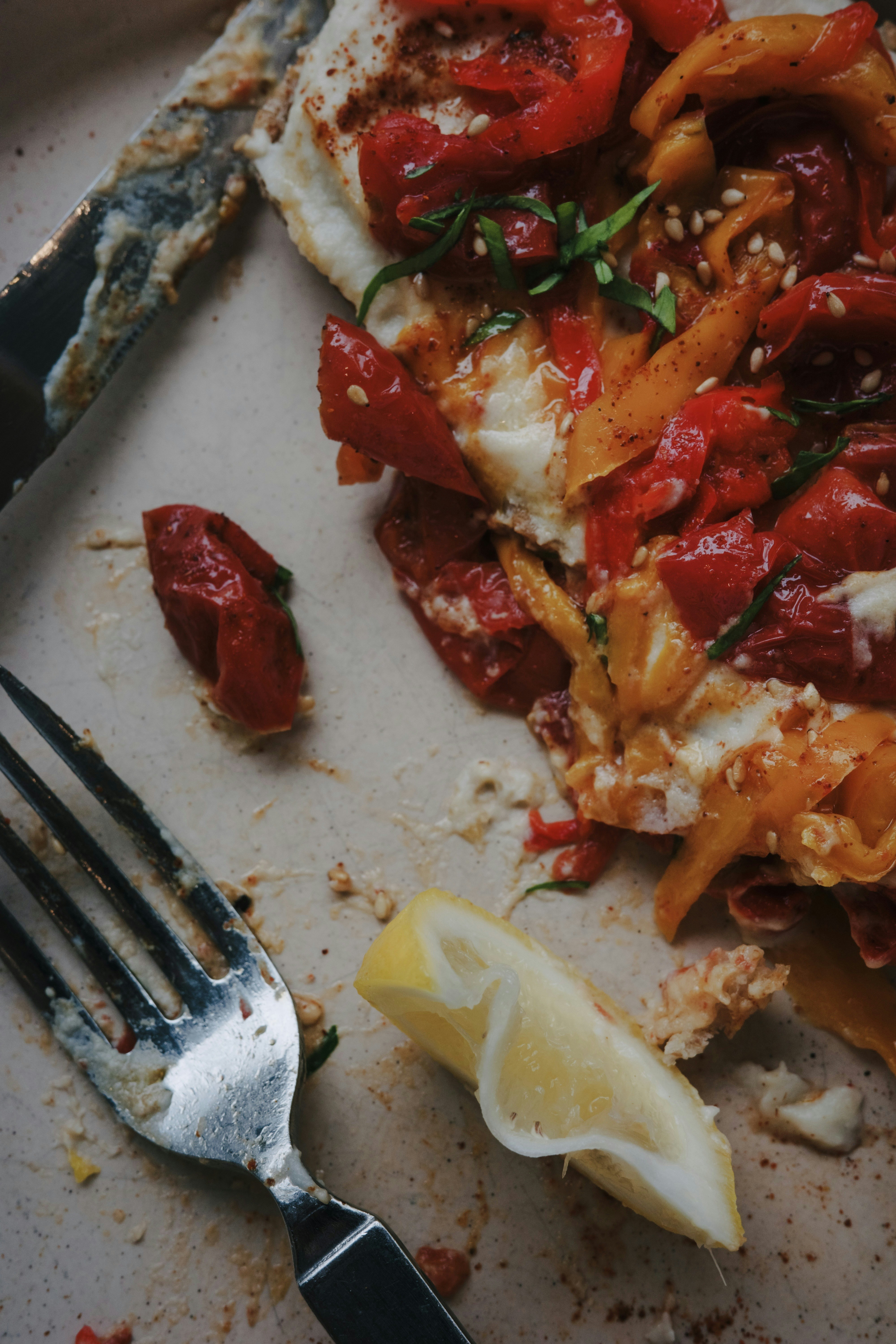 Bolt of Pepper-Tired Plate: Slices of Roasted Veggie Pizza with Lemon Hint