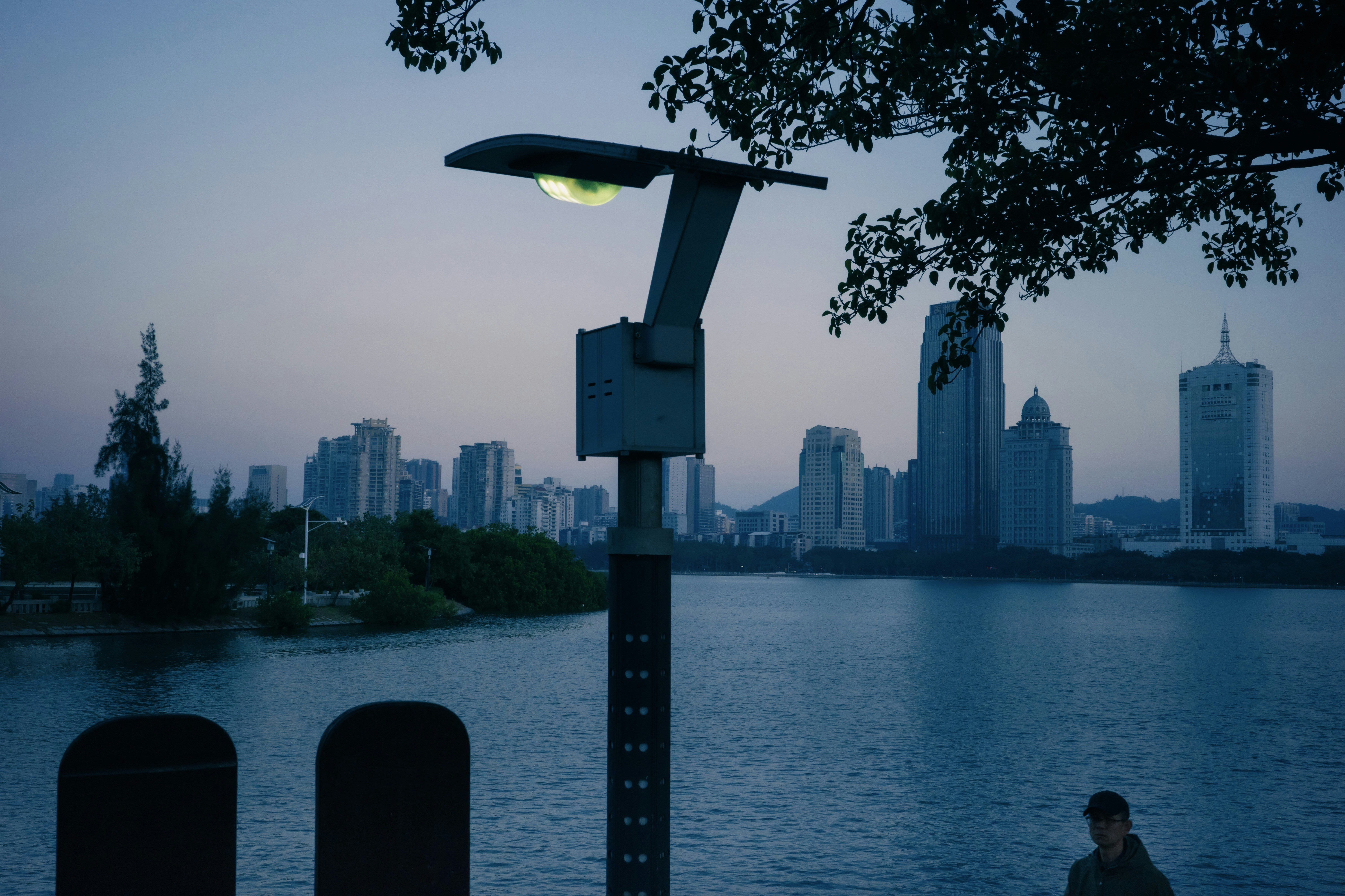City skyline across a lake at dusk with lamppost.