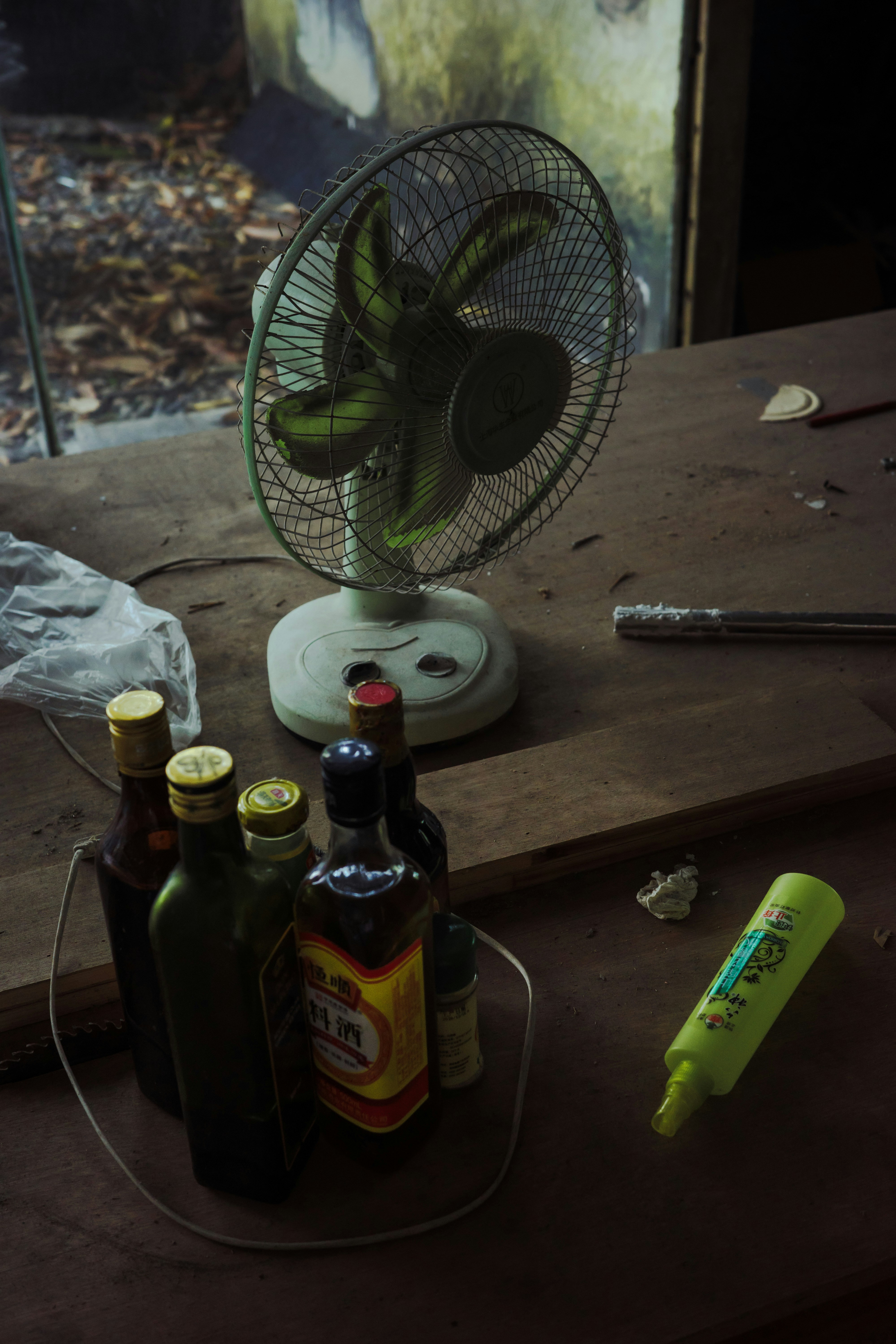 Dusty Workbench Still Life with a Green-Backed Fan