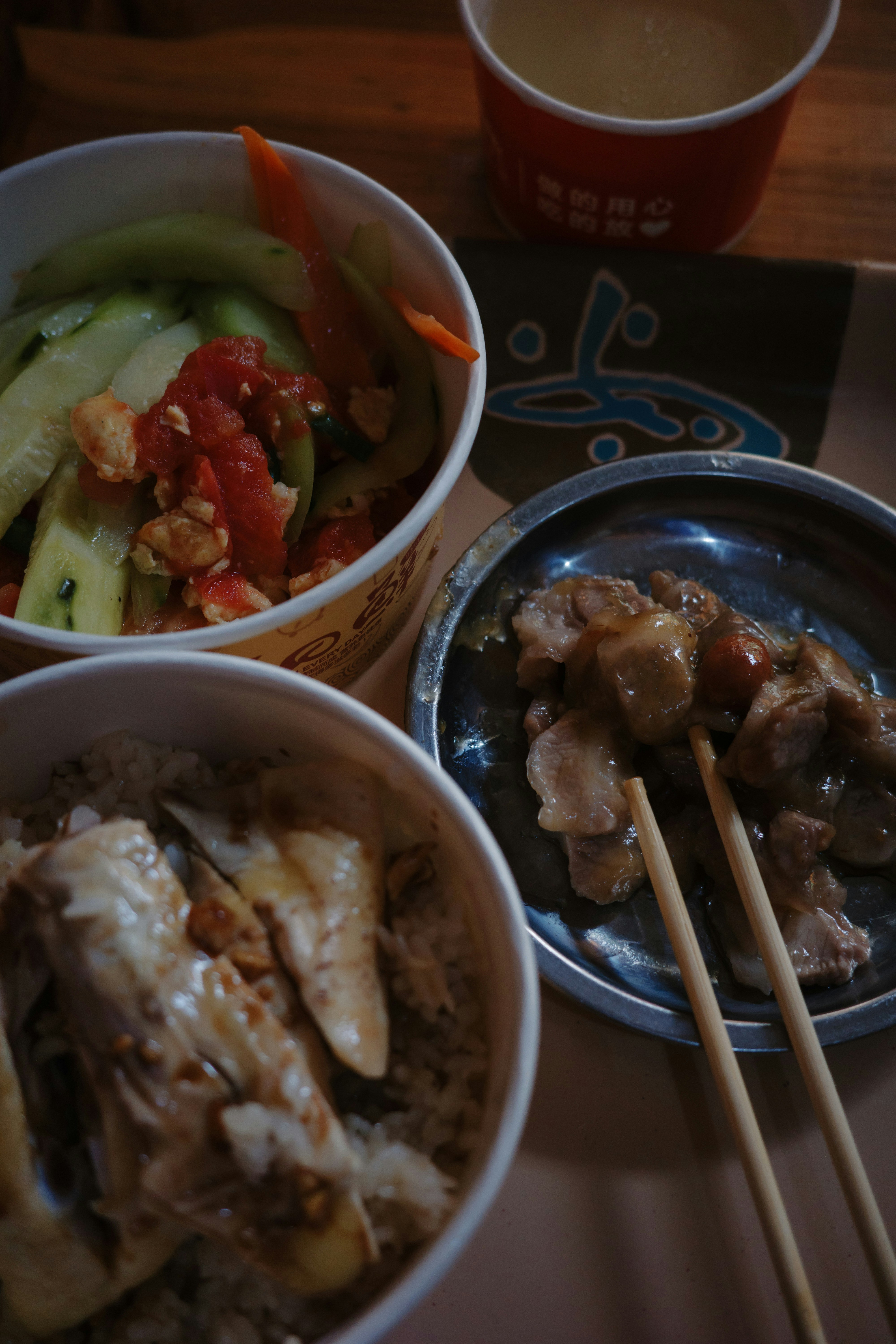 Midday Meal Trio: A Mosaic of Bowls and Skewers