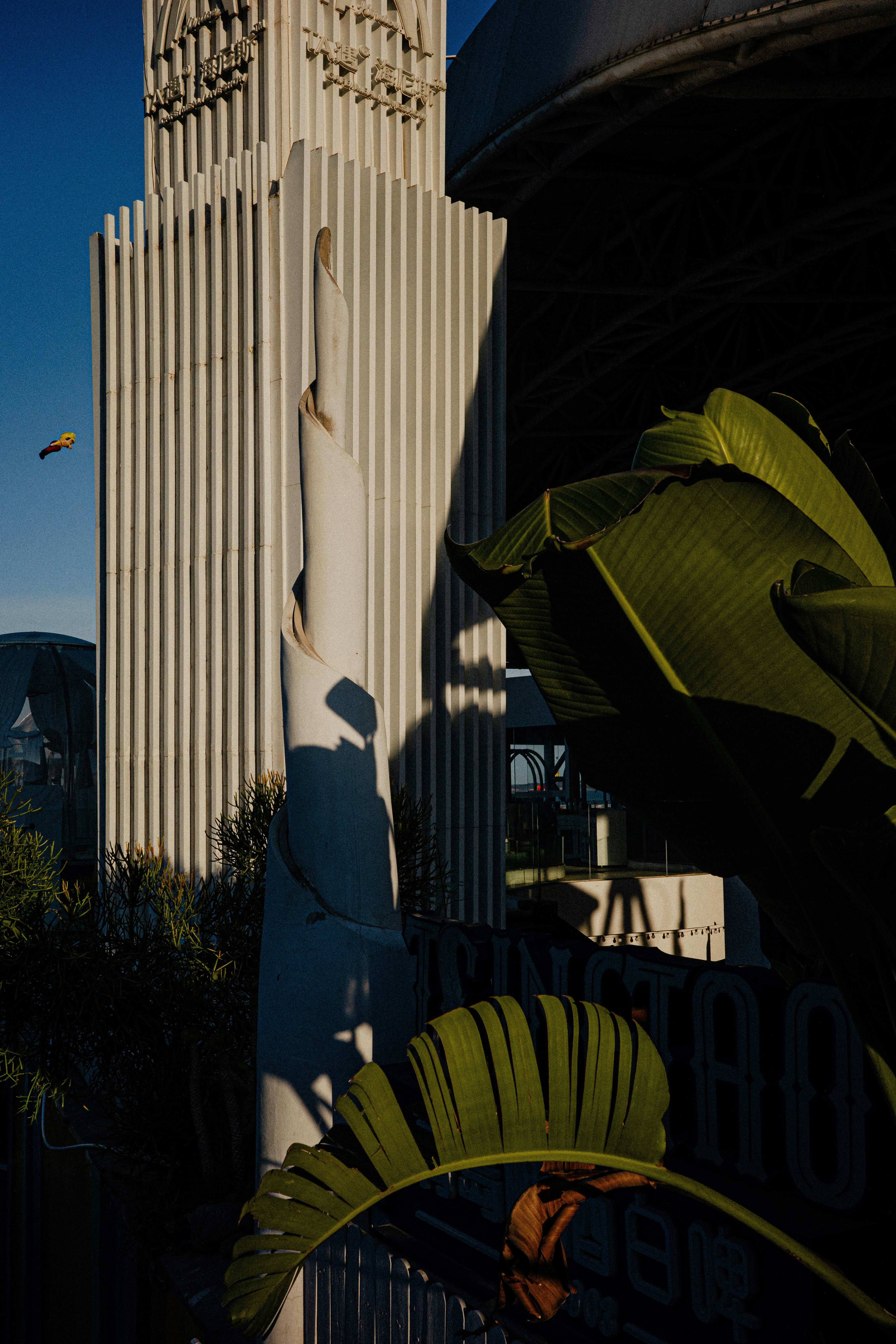 Vertical Monument and Giant Leaves: Shadowed Architecture in Golden Light