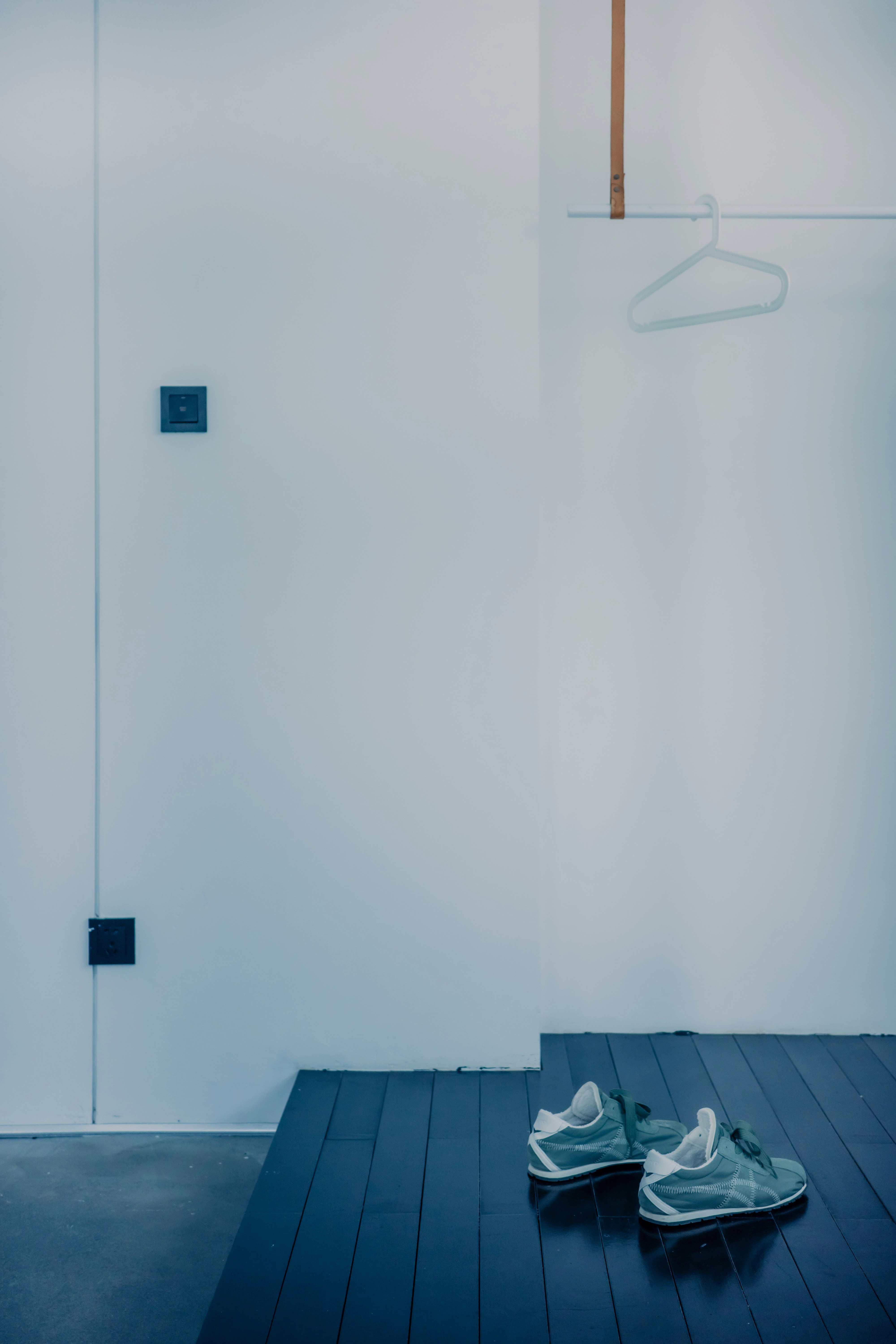 Quiet Locker Room: A Minimal Moment with Running Shoes Resting on the Plank Floor