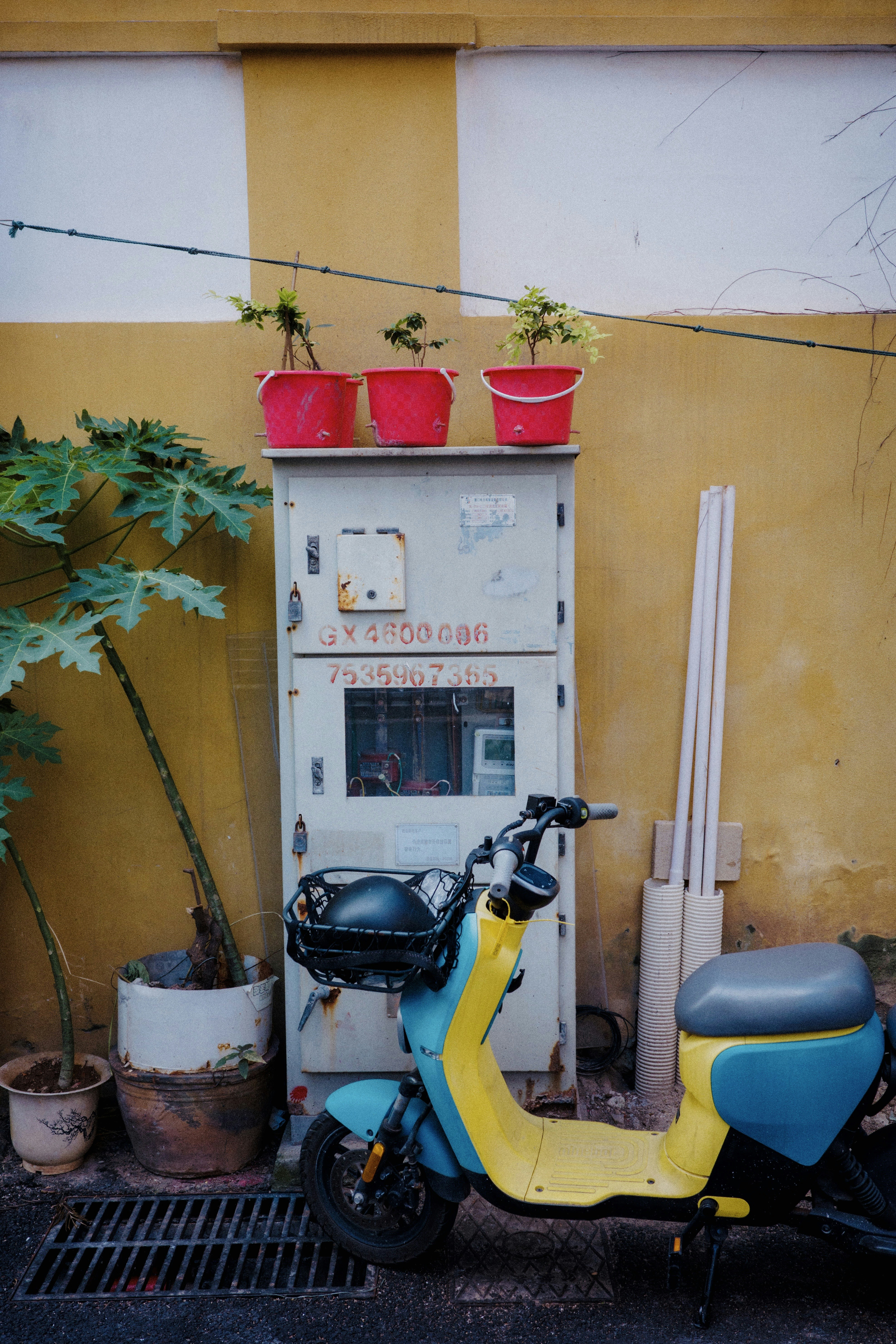 Sunlit Alley Scooter by the Orange Wall