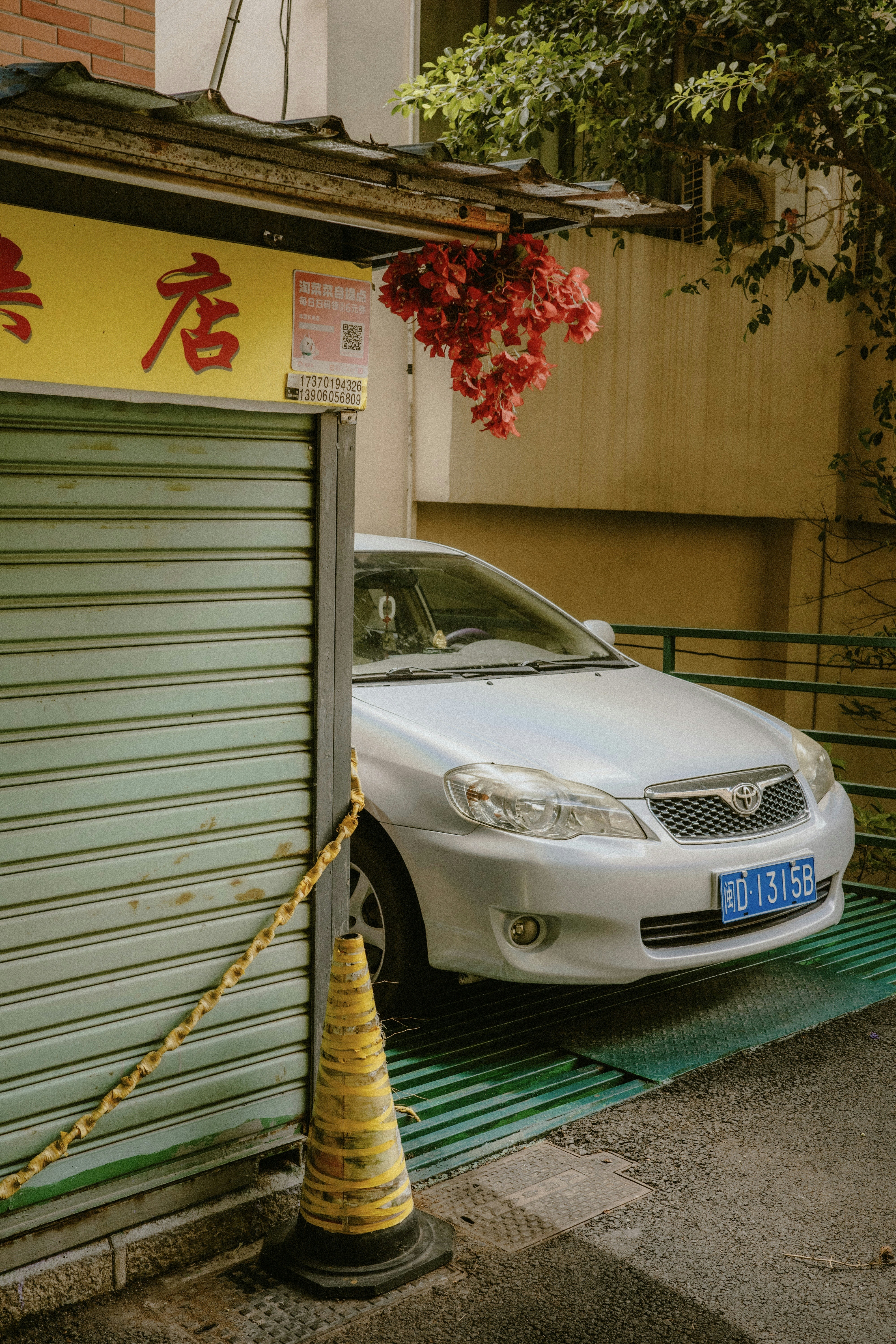 Azure Plate and Red Bougainvillea: A Quiet Street Scene