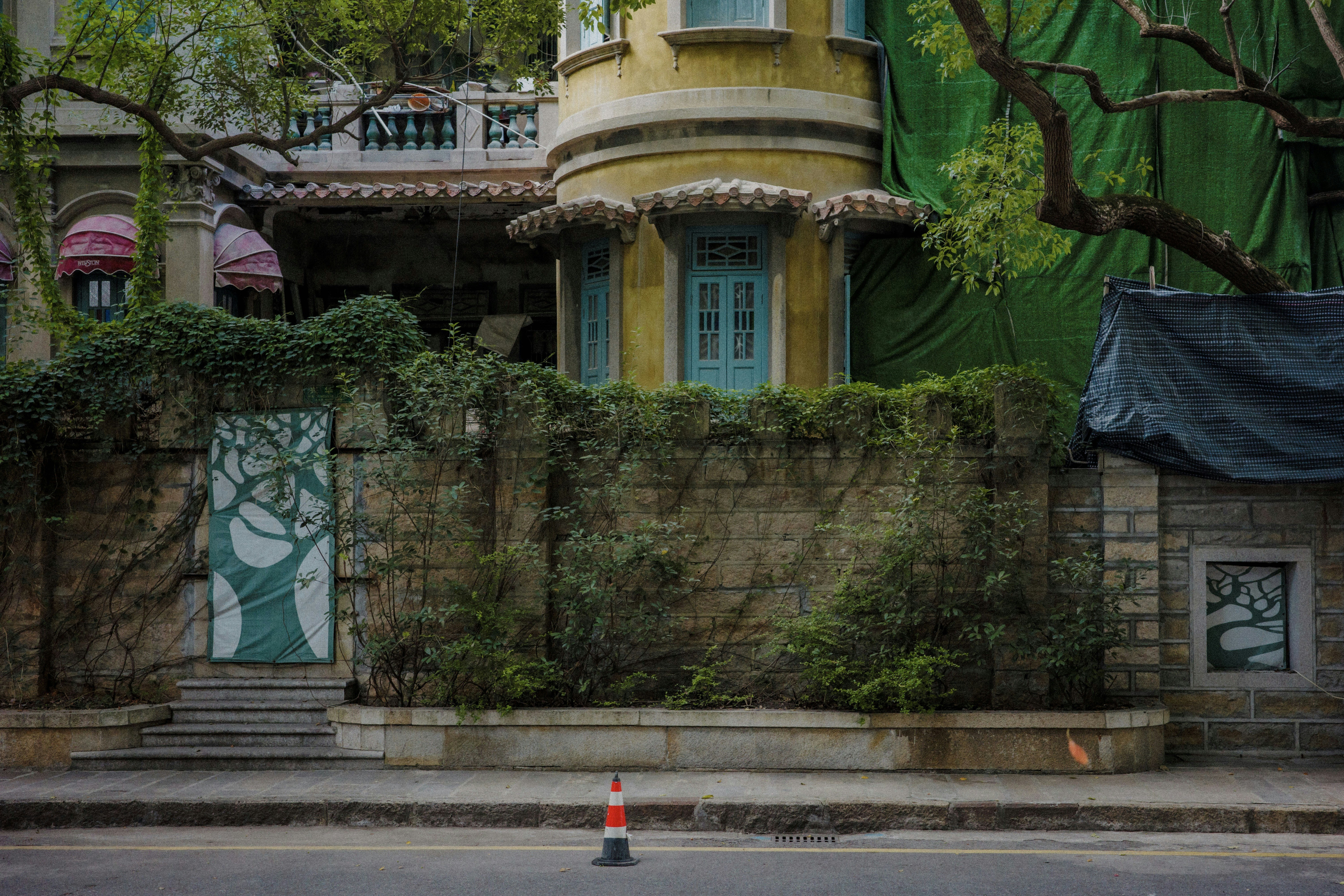 Curved Facade Overgrown with Ivy meets Urban Street Scene