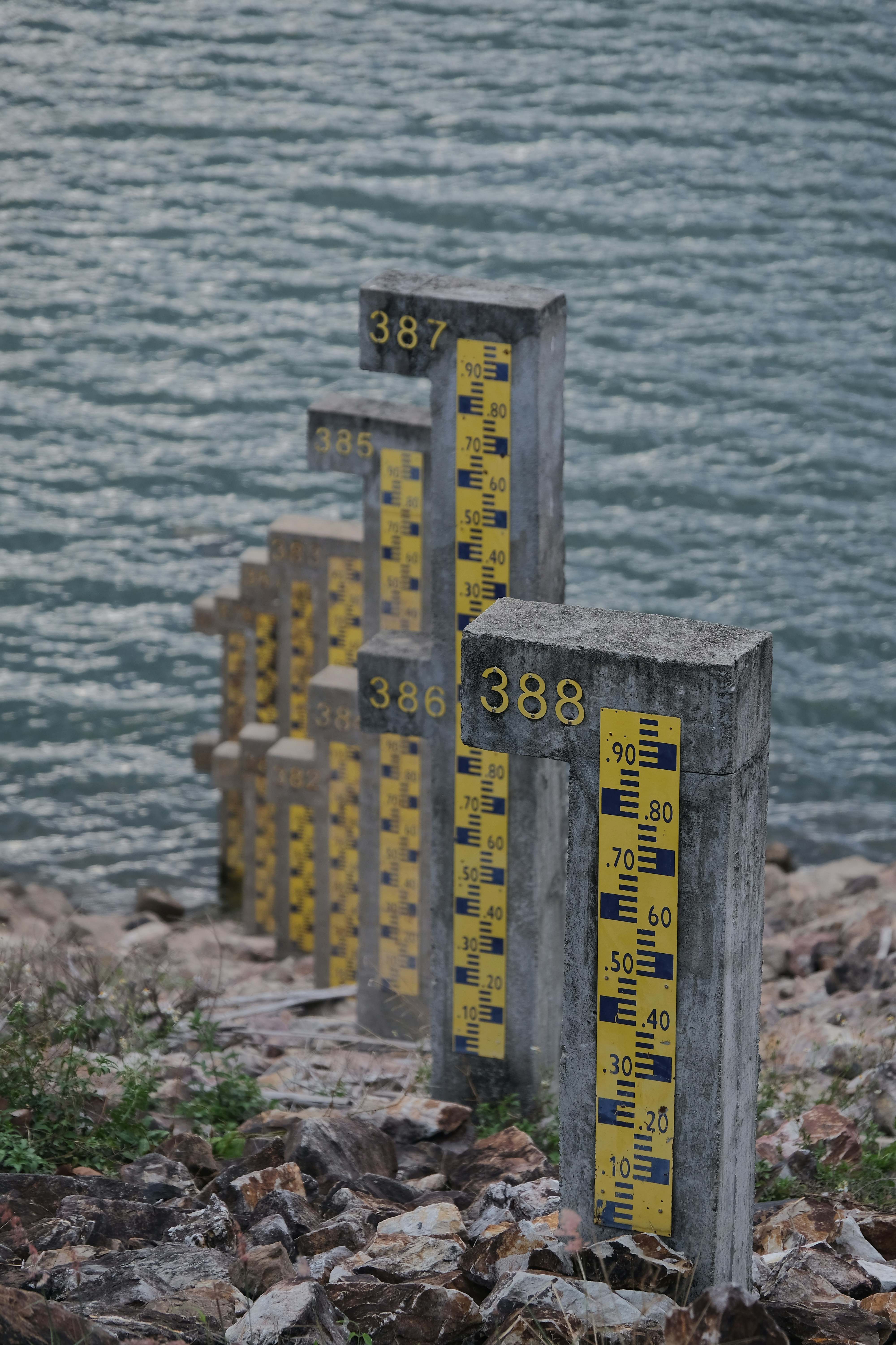 Tide-line Markers: A Row of Measuring Pillars Recede Toward the Sea