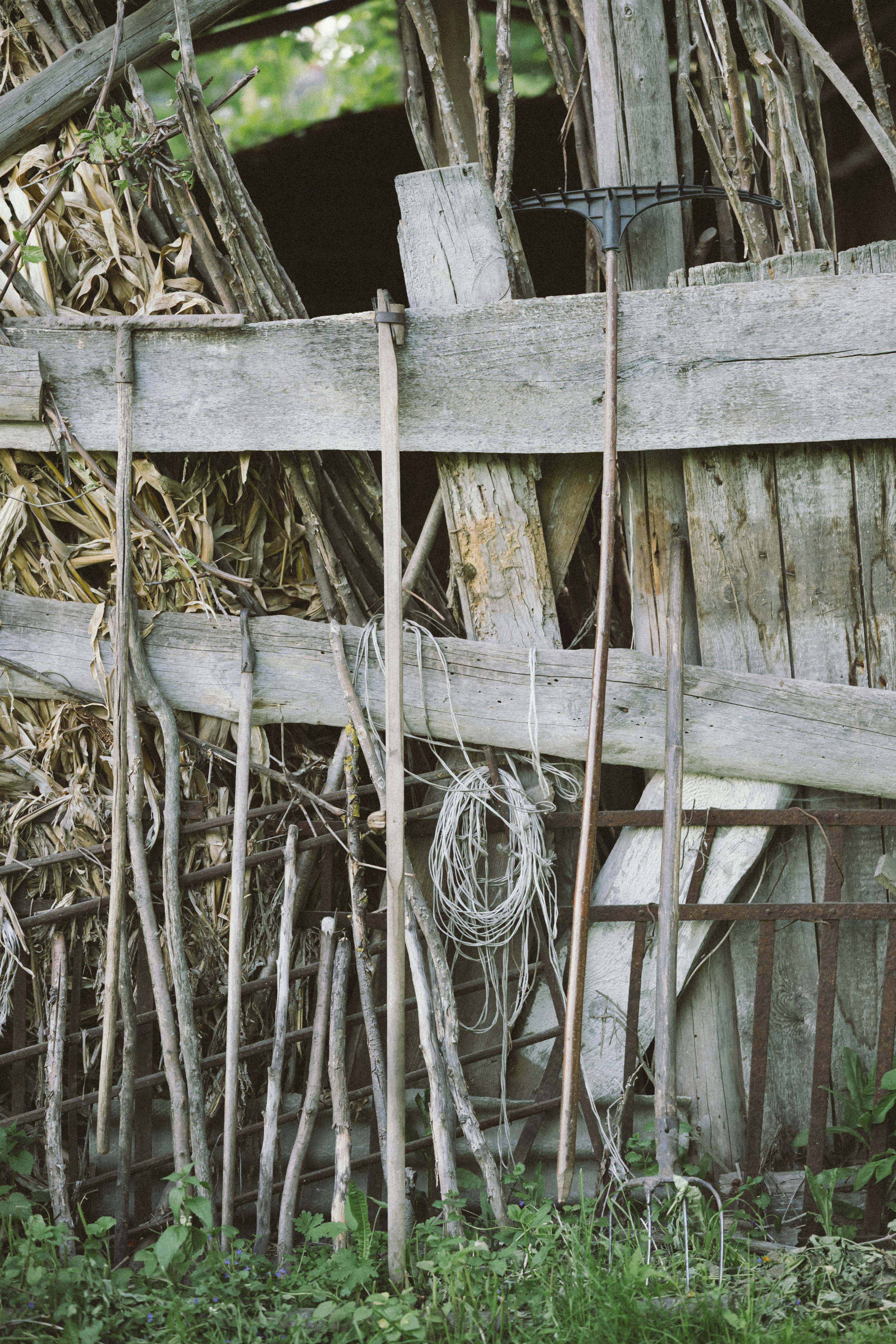 Weathered Tangle: Vintage Tools Lean Against Sun-bleached Fence
