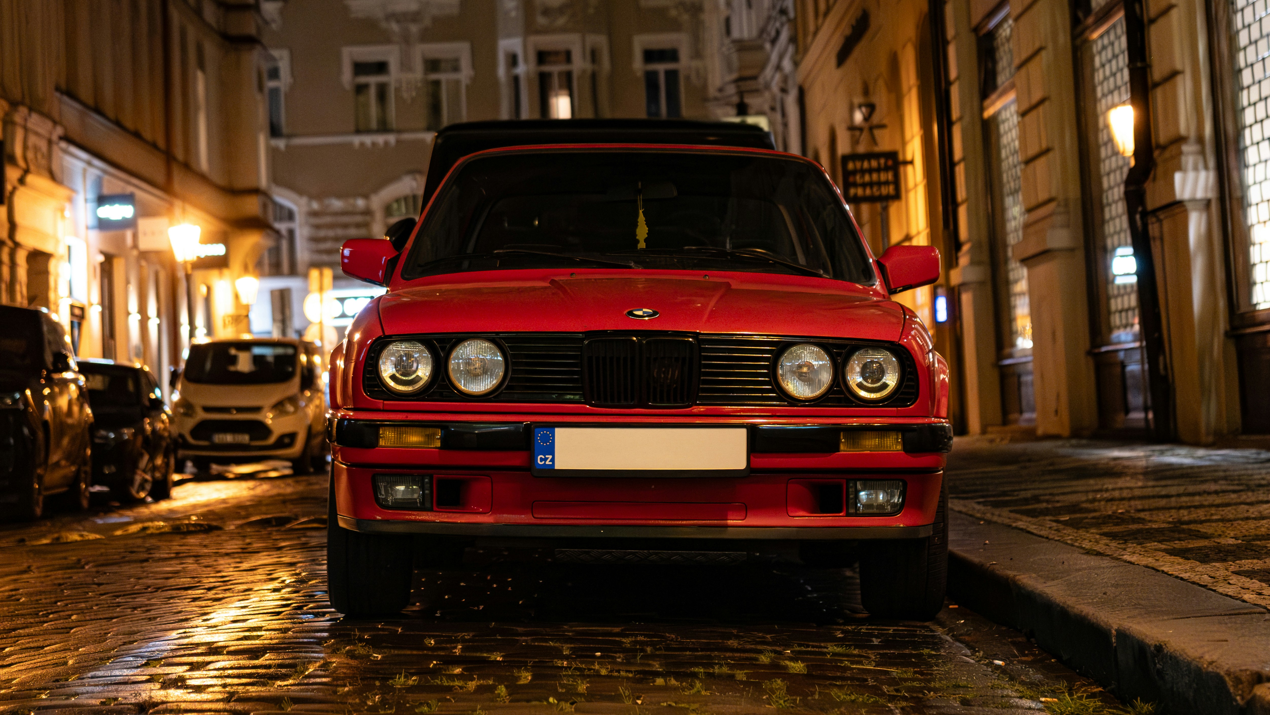 Noir Night Drive: Red Bison in a Puddle-Strewn Lane