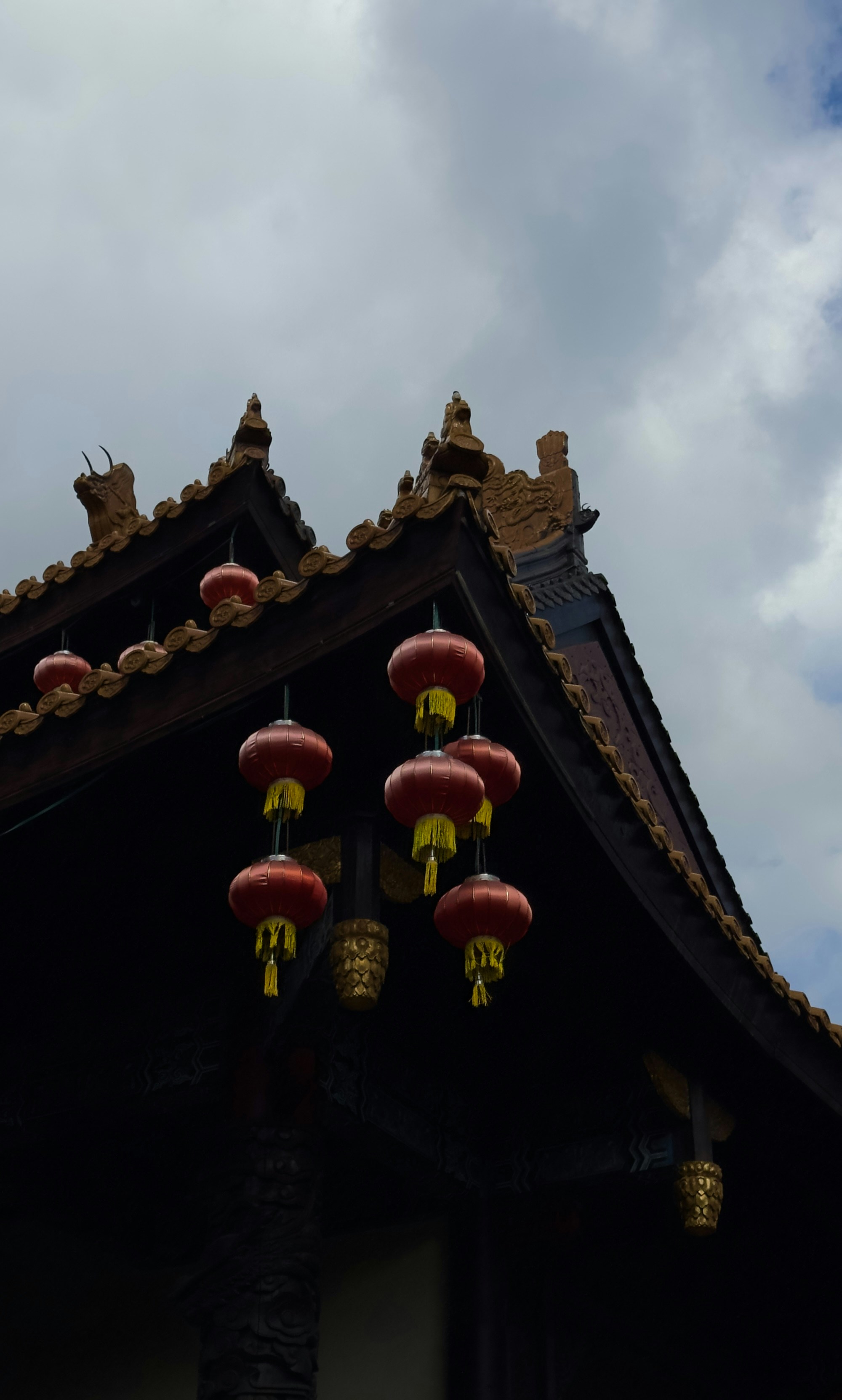 Red Lanterns Adorning the Roofline of a Traditional Chinese Temple